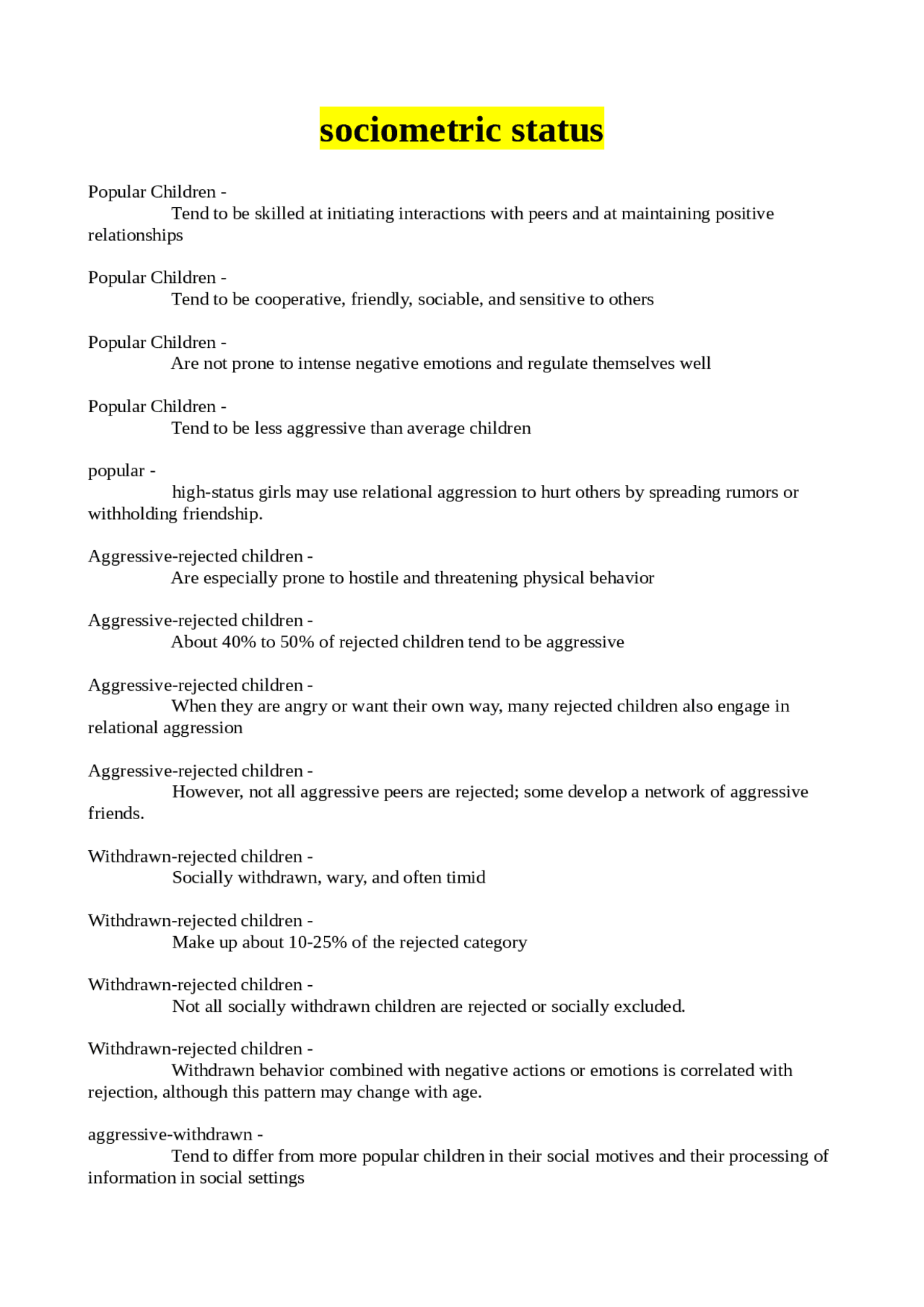 Sociometric Status and Peer Relationships in Children | Exams Psychology | Docsity