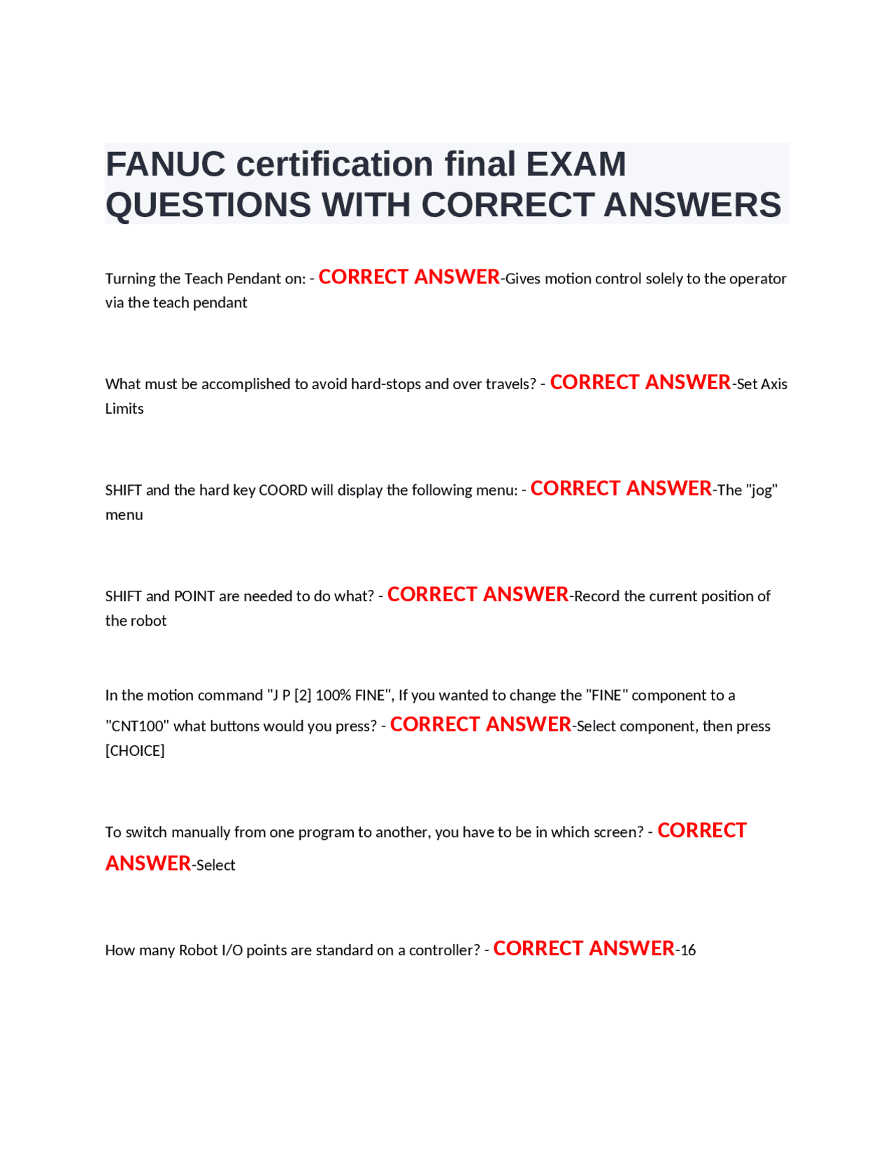 FANUC certification final EXAM QUESTIONS WITH CORRECT ANSWERS | Exams ...