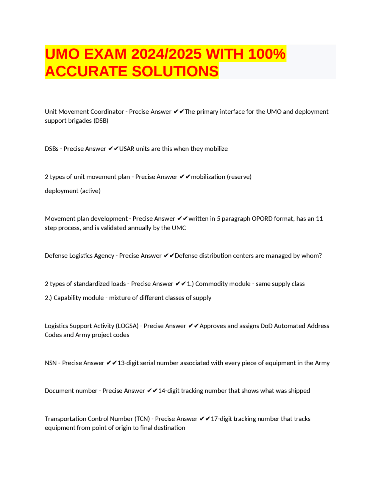 UMO EXAM 2024/2025 WITH 100% ACCURATE SOLUTIONS | Exams Nursing | Docsity
