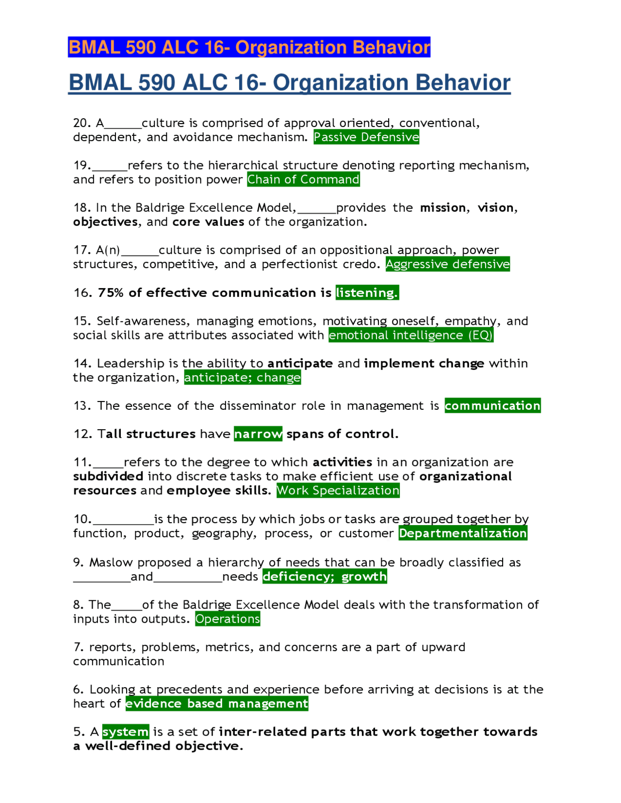 BMAL 590 ALC 16- Organization Behavior | Exams Nursing | Docsity