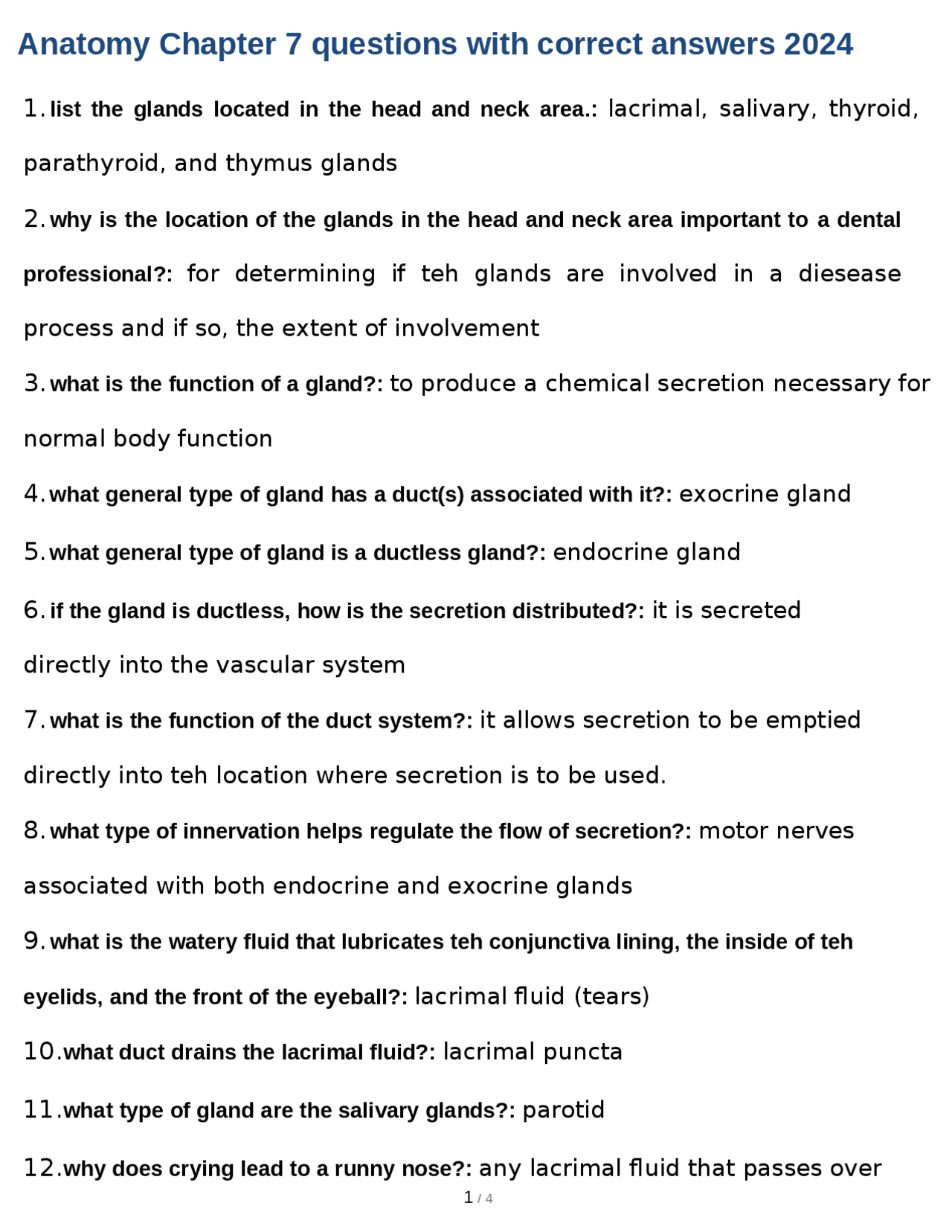 Anatomy Chapter 7 questions with correct answers 2024 | Exams Nursing ...