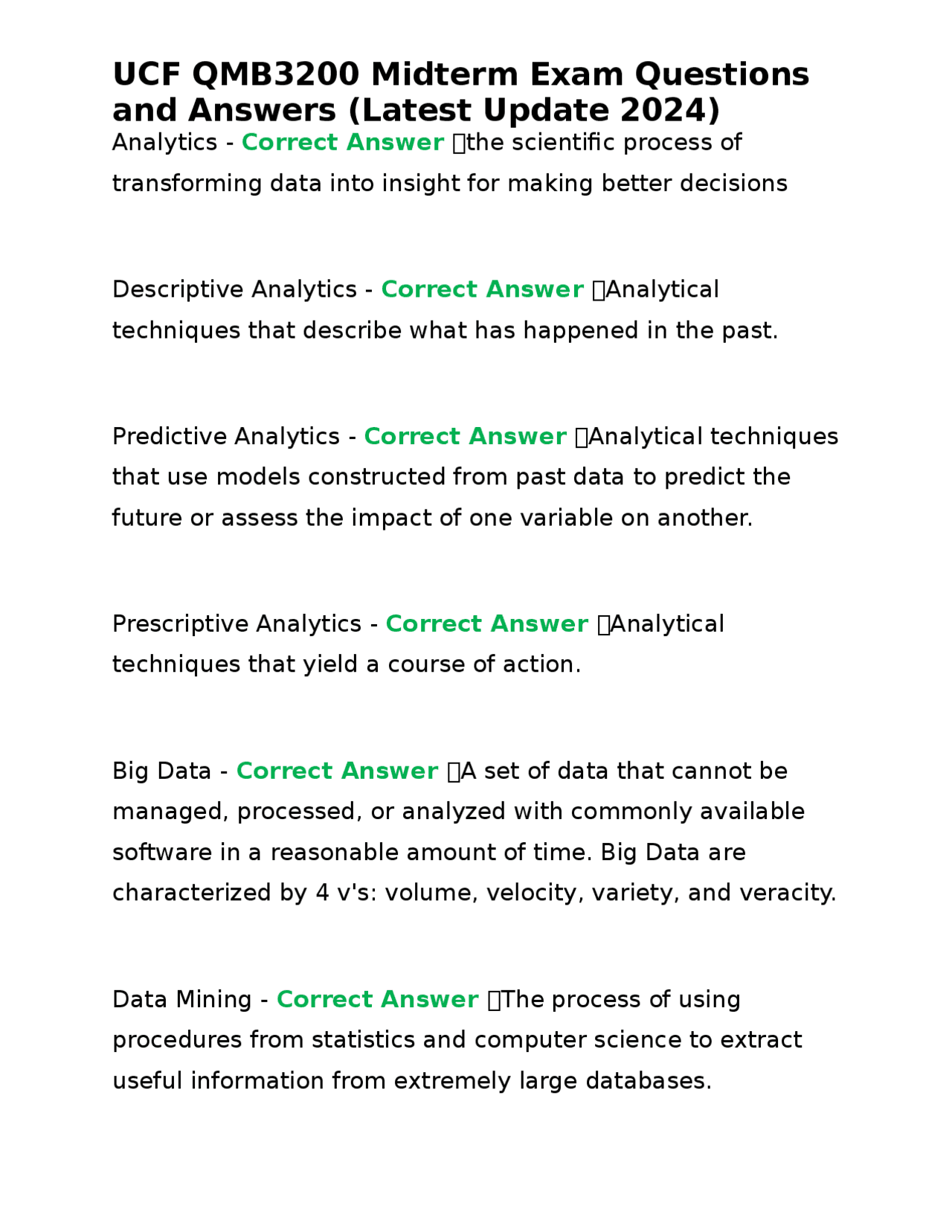 UCF QMB3200 Midterm Exam Questions and Answers | Exams Nursing | Docsity