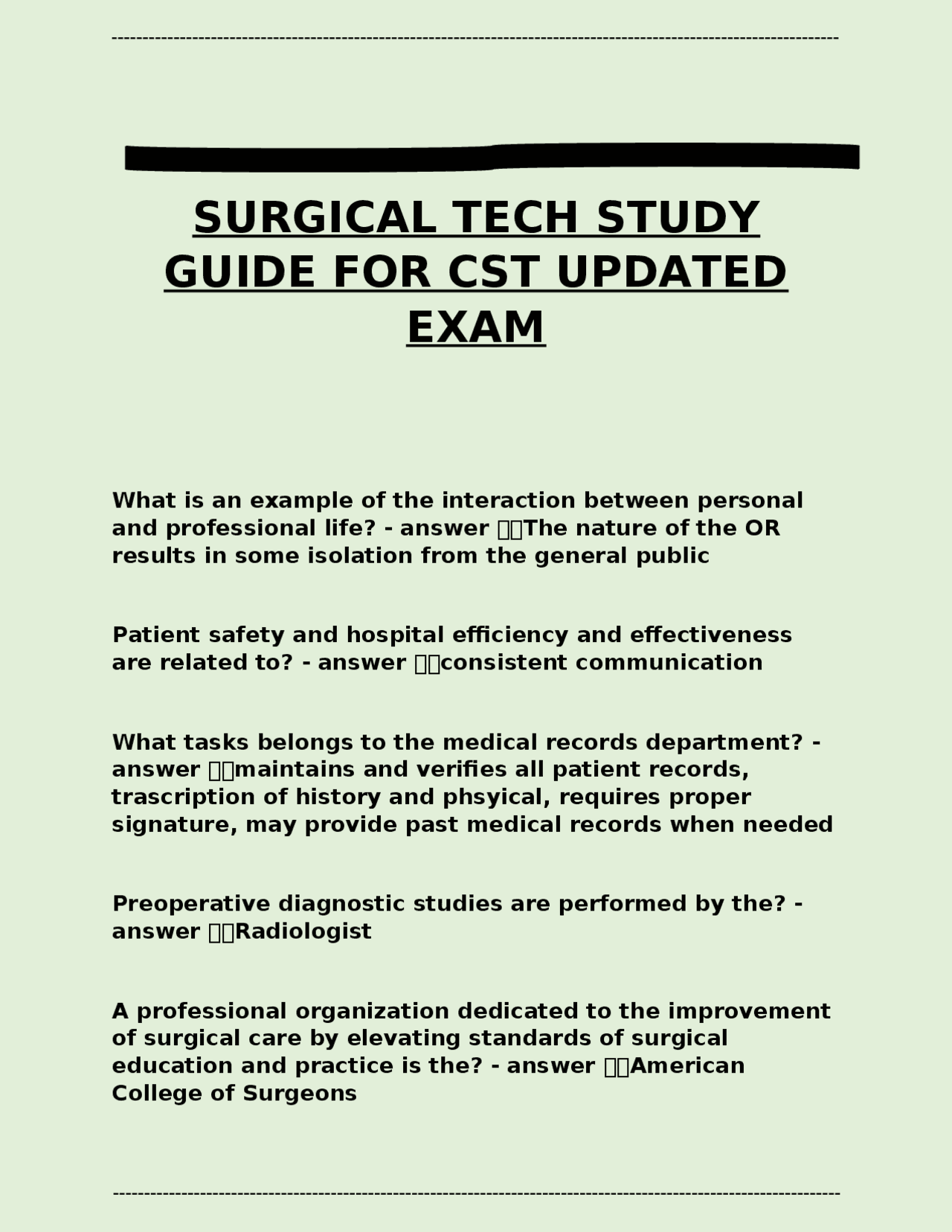 SURGICAL TECH STUDY GUIDE FOR CST UPDATED EXAM | Exams Nursing | Docsity