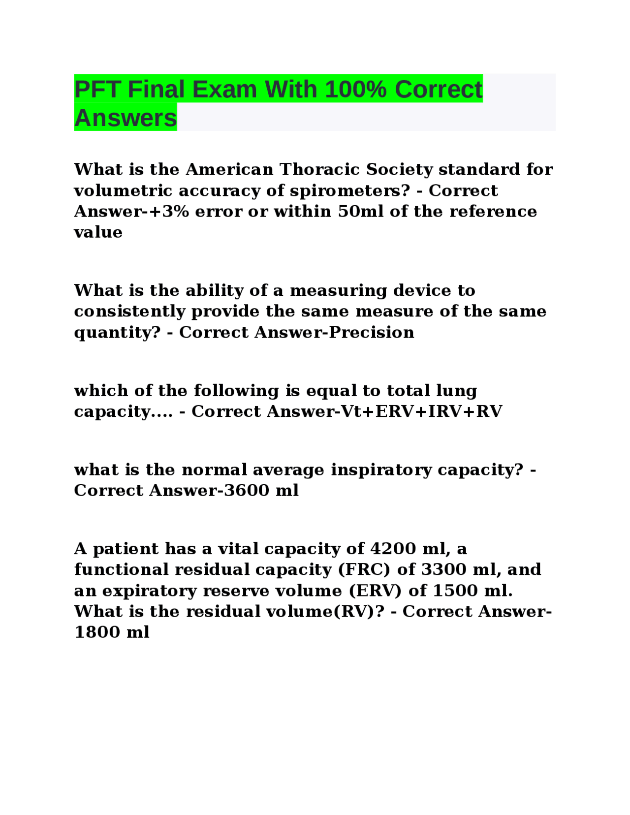 Pulmonary Function Test (PFT) Final Exam with 100% Correct Answers ...