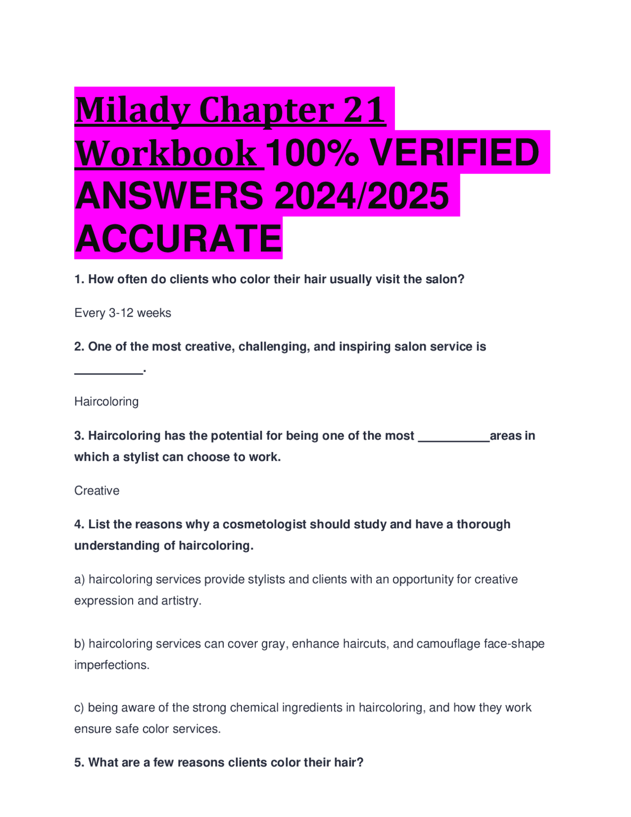 Milady Chapter 21 Workbook 100% VERIFIED ANSWERS 2024/2025 ACCURATE ...