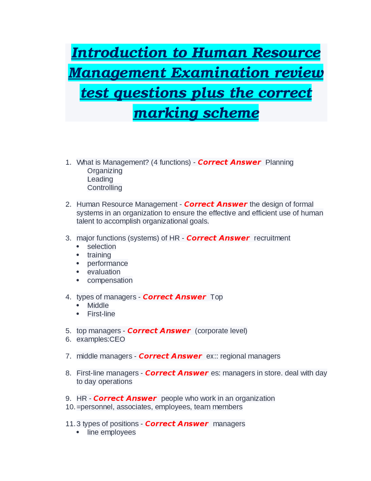 Introduction to Human Resource Management Examination review test ...