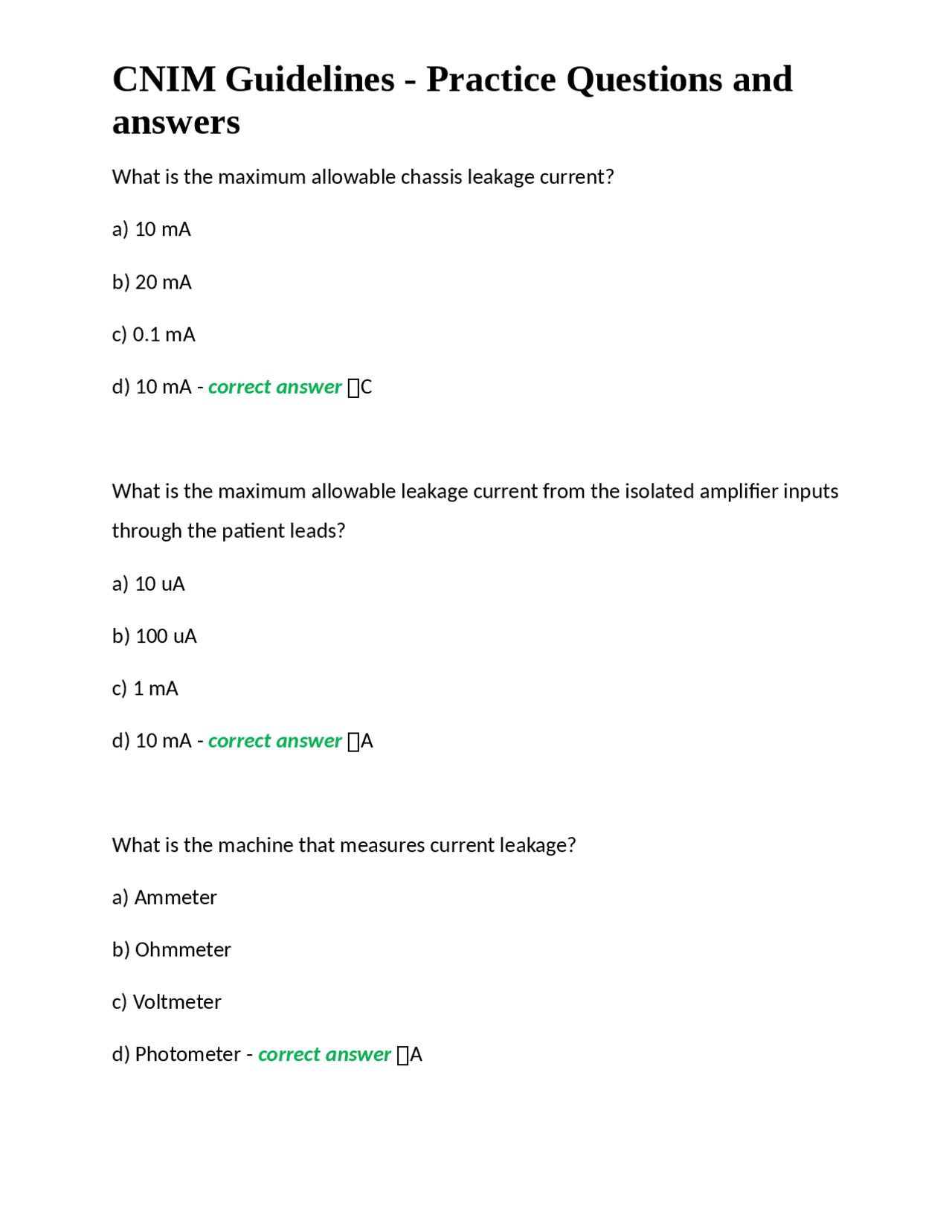 CNIM Guidelines - Practice Questions and Answers | Exams Nursing | Docsity