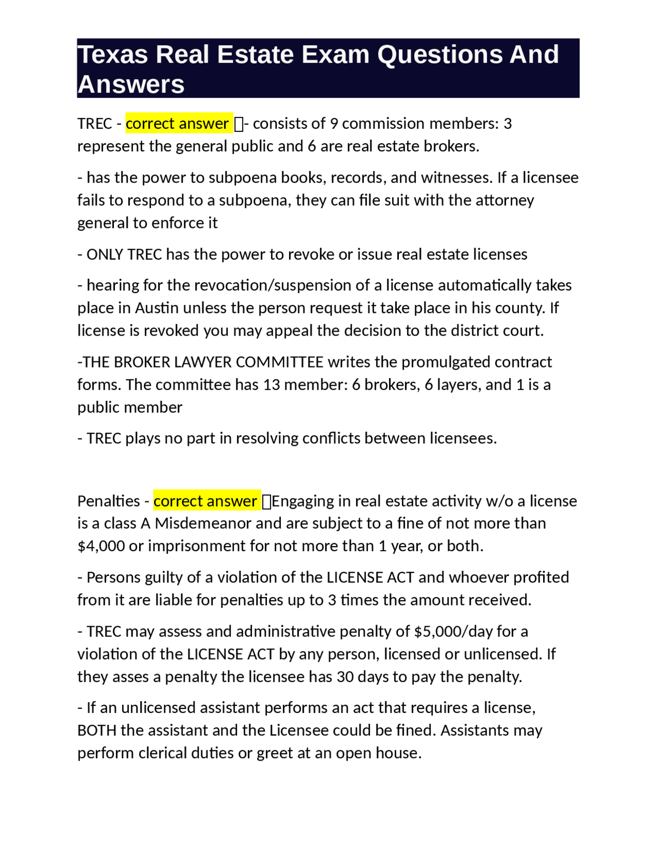 Texas Real Estate Exam Questions And Answers | Exams Real Estate ...