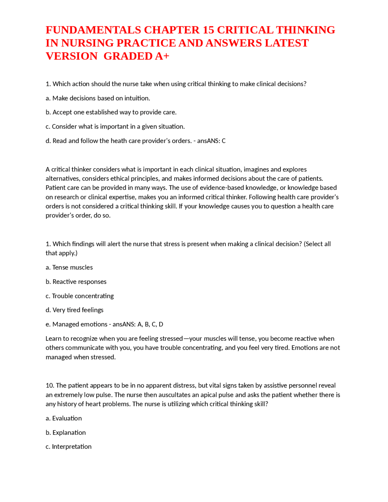 FUNDAMENTALS CHAPTER 15 CRITICAL THINKING IN NURSING PRACTICE AND ...
