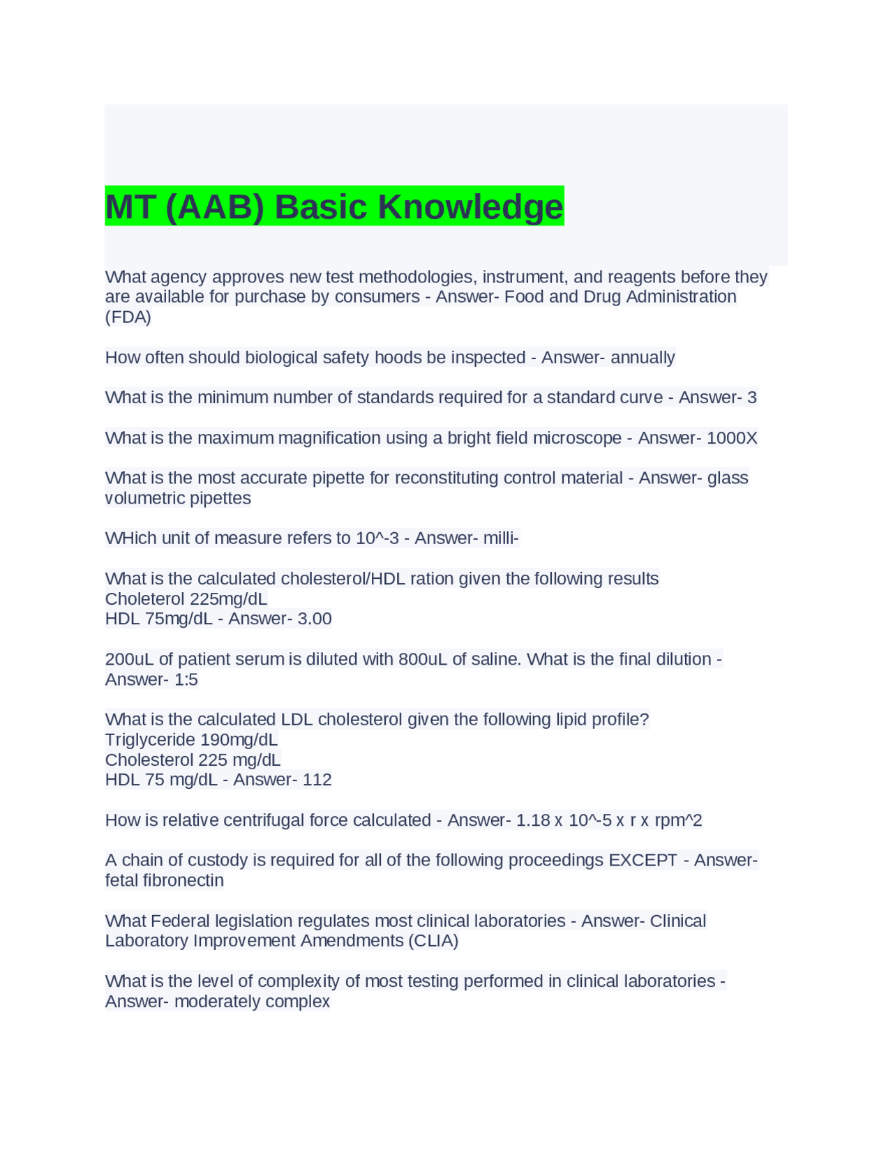 MT (AAB) Basic Knowledge Exam with correct Answers | Exams Advanced Education | Docsity