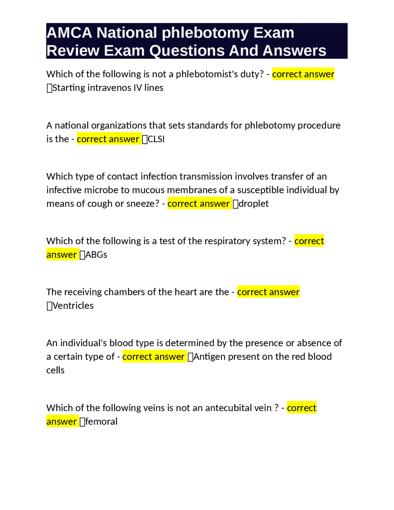 AMCA National Phlebotomy Exam Review | Exams Medicine | Docsity