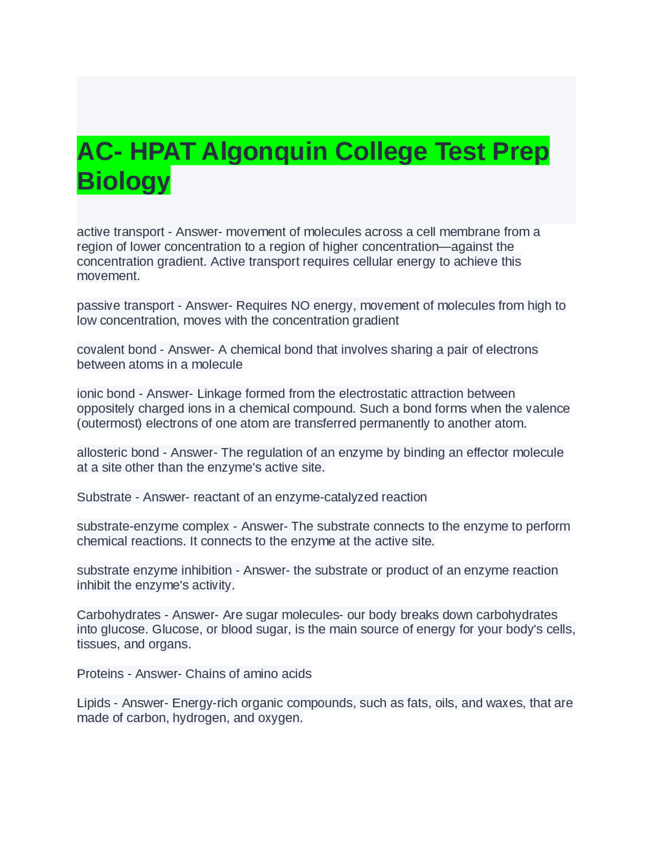 AC- HPAT Algonquin College Test Prep Biology Questions and Answers ...