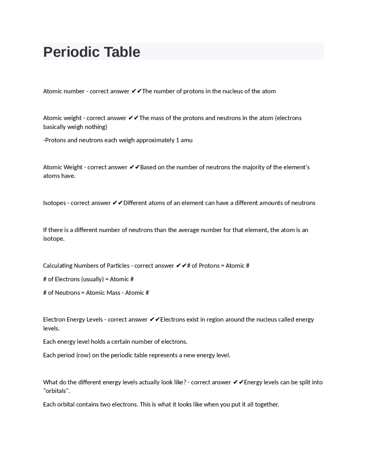 Periodic Table questions with complete solutions | Exams Nursing | Docsity