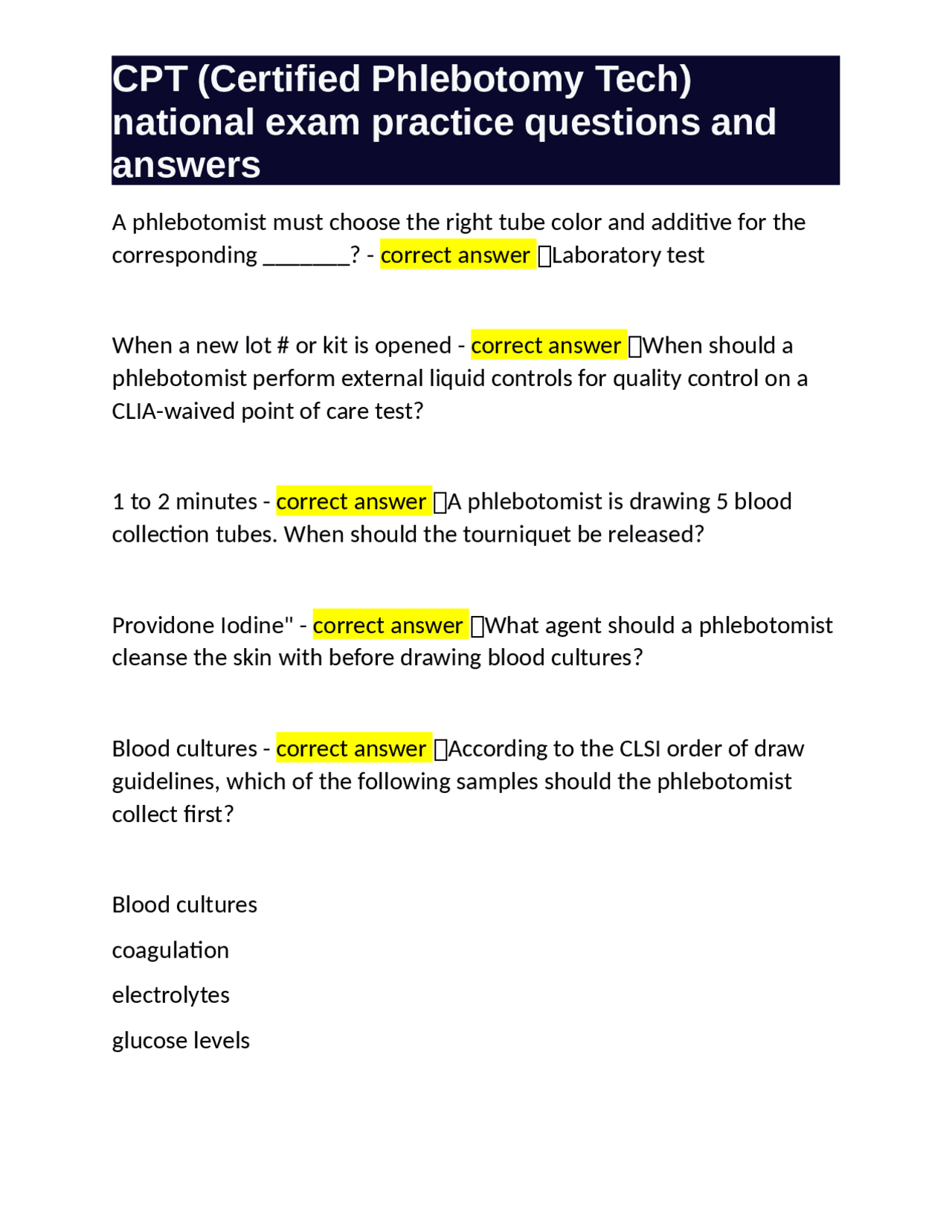 CPT (Certified Phlebotomy Tech) national exam practice questions and ...