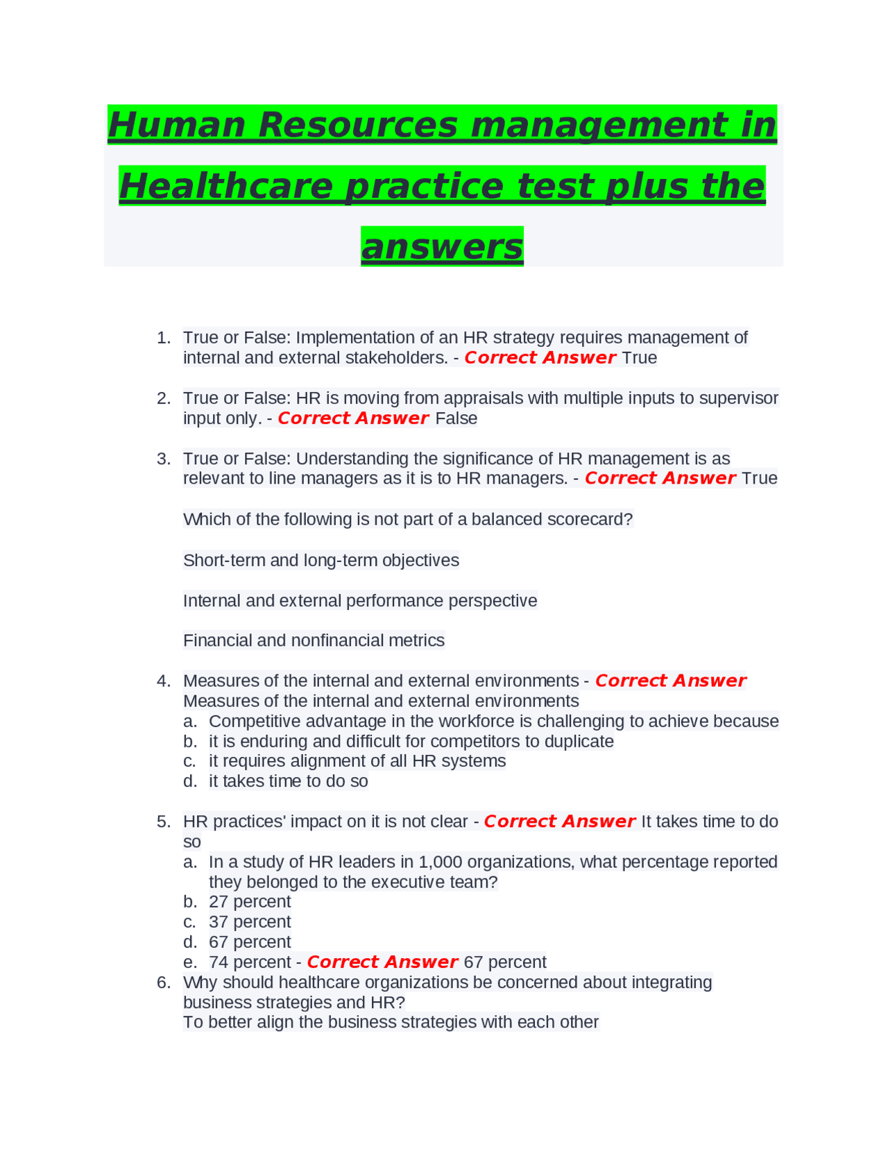 Human Resources management in Healthcare practice test plus the answers ...