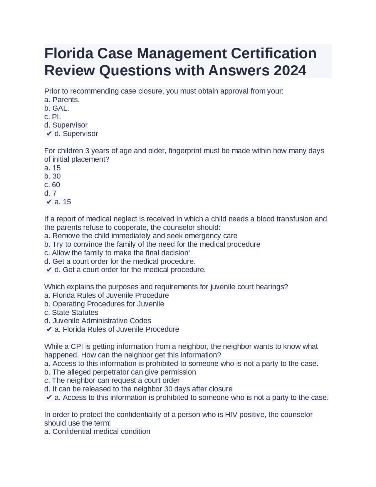 Florida Case Management Certification Review Questions with Answers ...