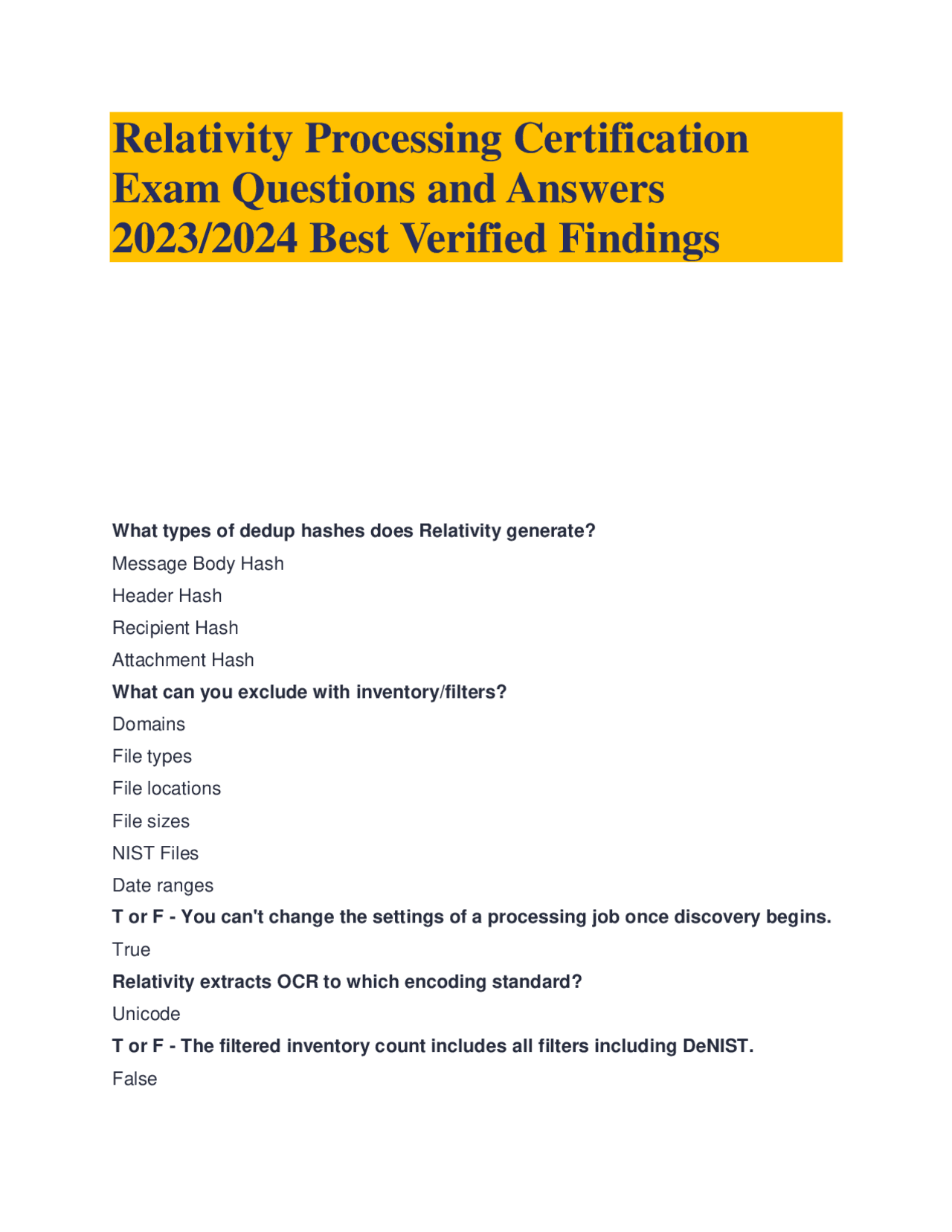Relativity Processing Certification Exam Questions and Answers 2023/ ...