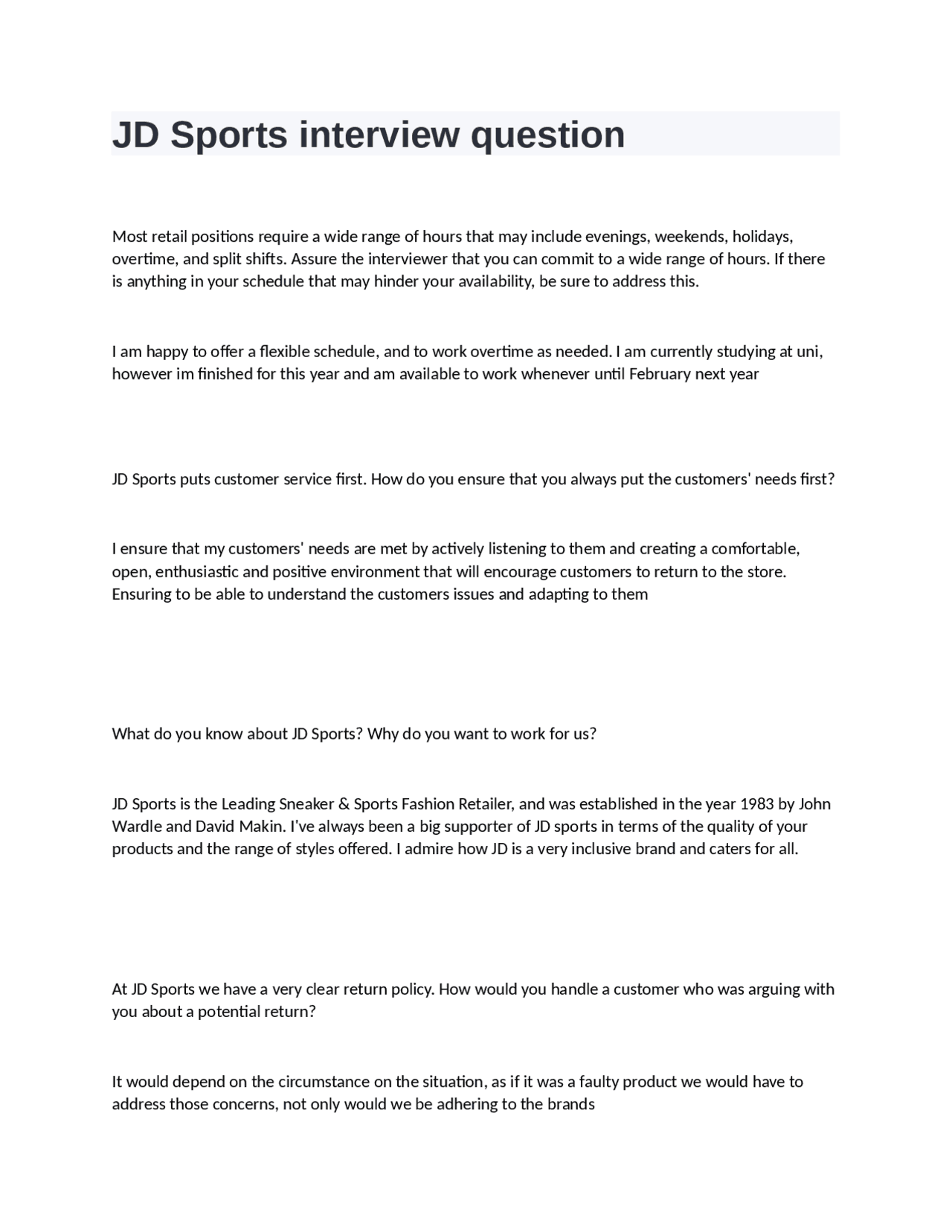 JD Sports interview question with verified solutions/passed | Exams ...