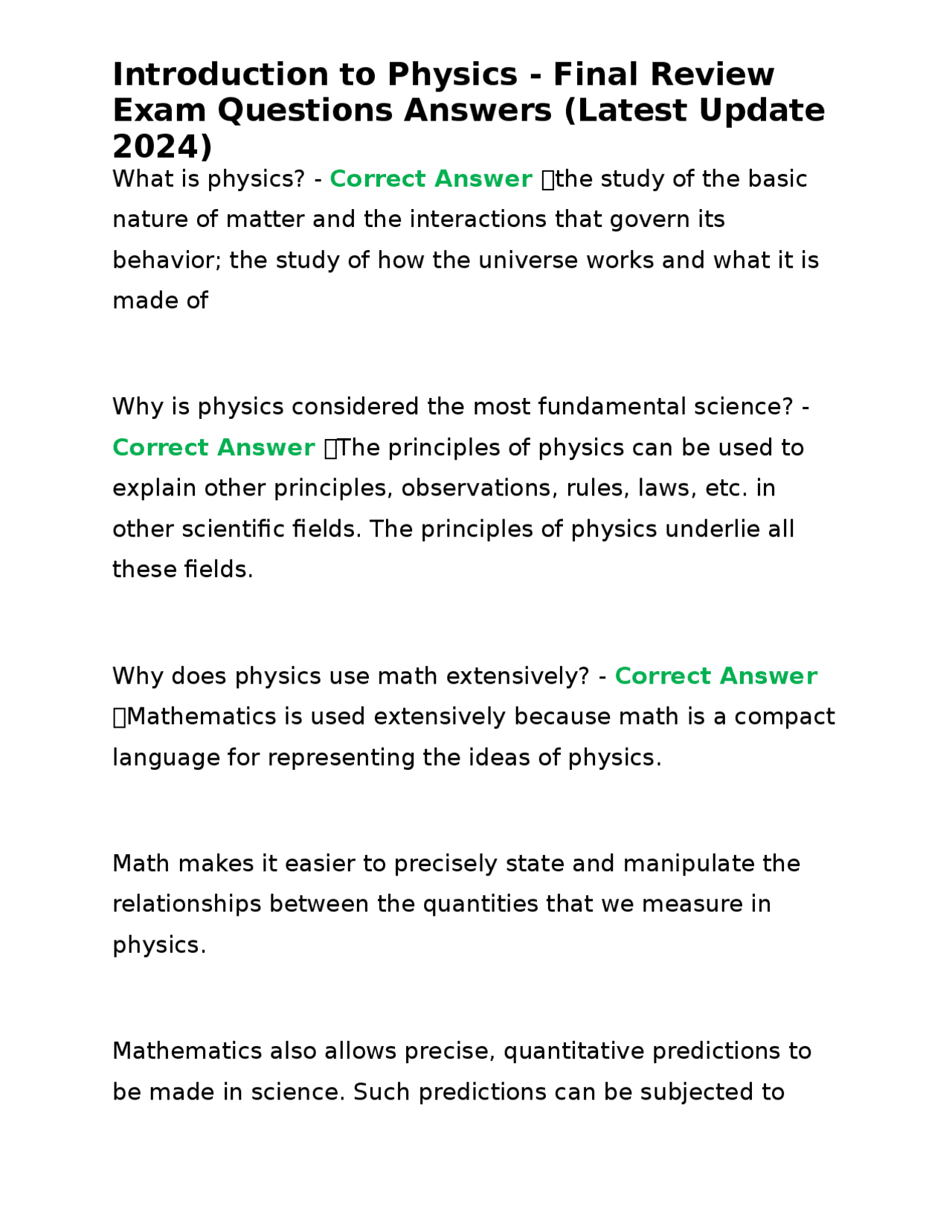 Introduction to Physics - Final Review Exam Questions Answers (Latest ...