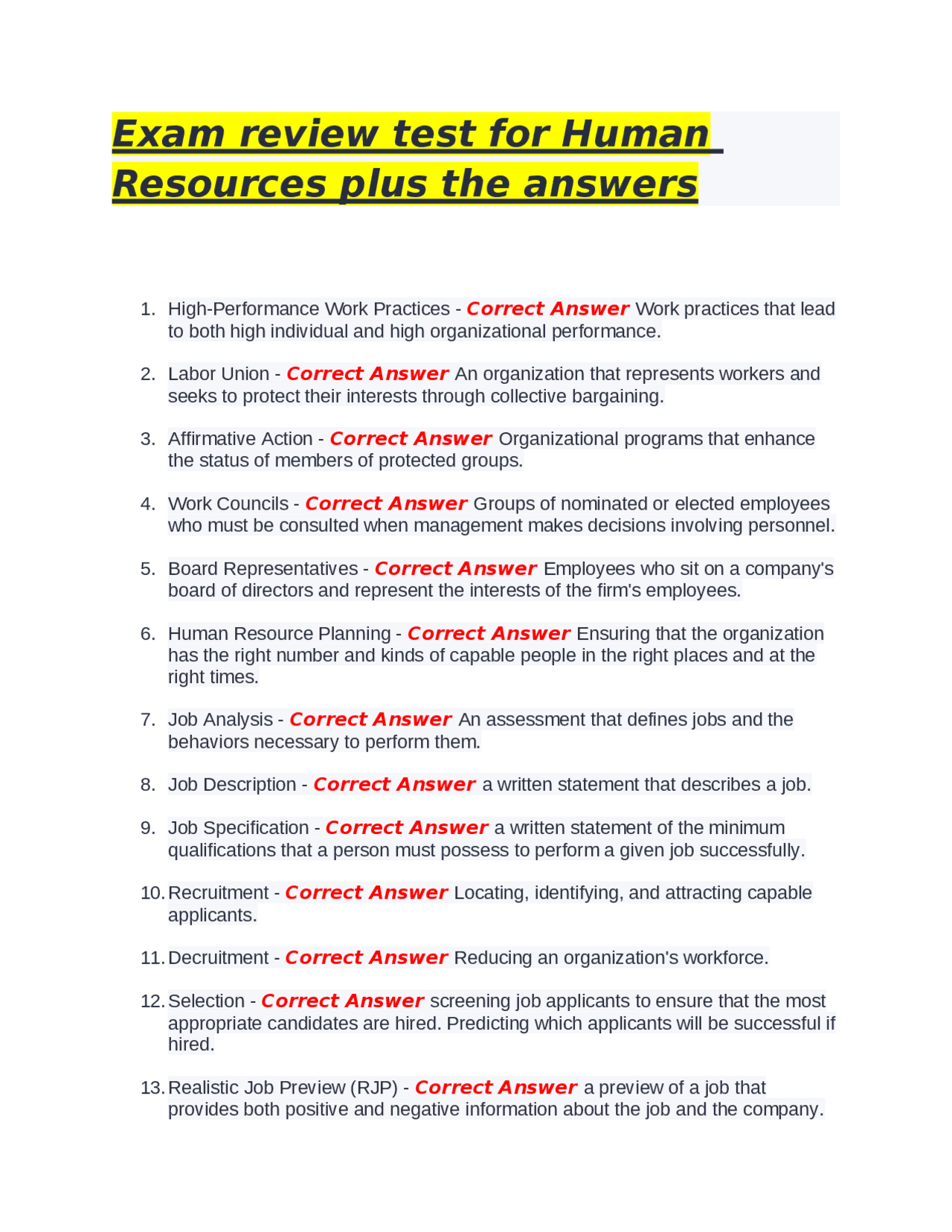Exam Review Test for Human Resources | Exams Human Resource Management ...