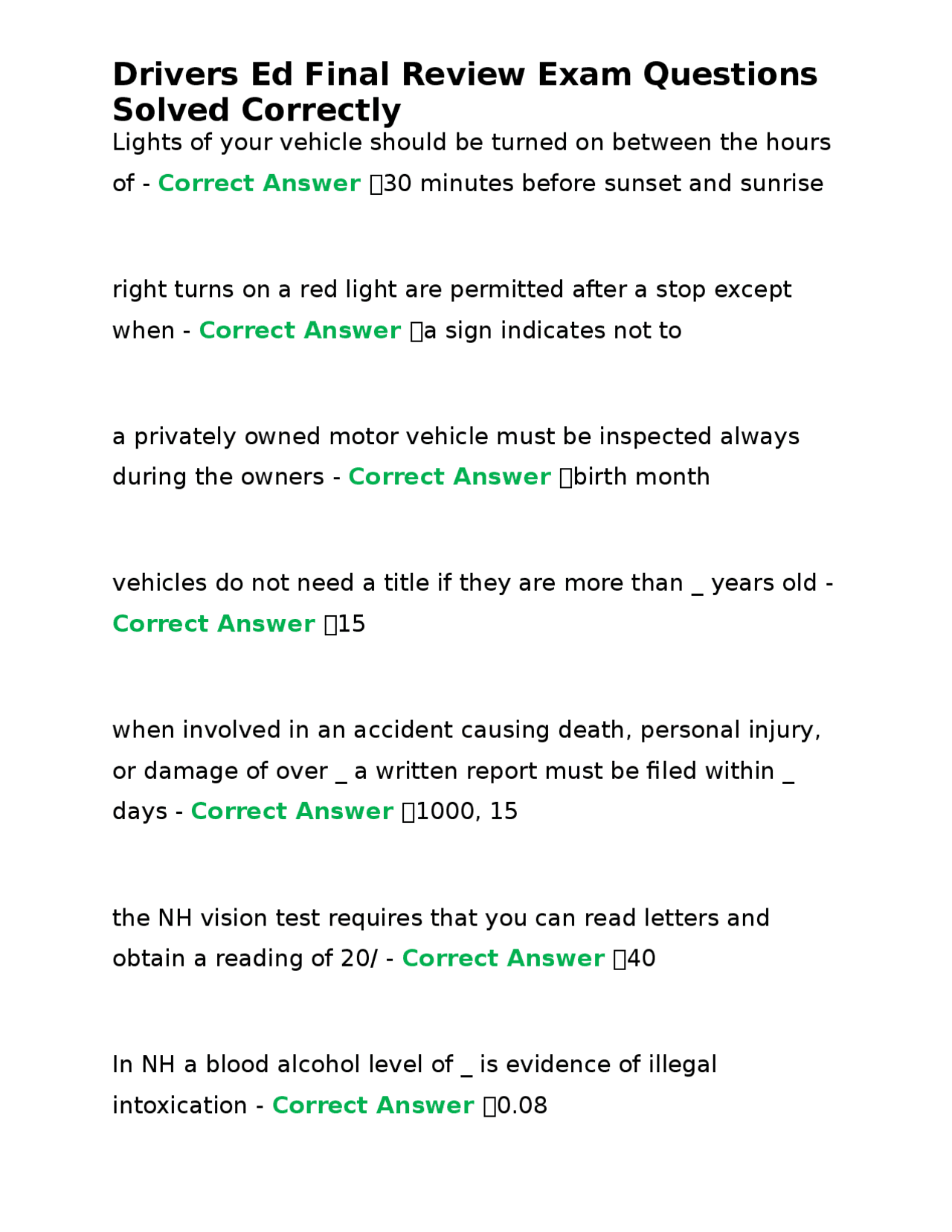 Drivers Ed Final Review Exam Questions | Exams Nursing | Docsity