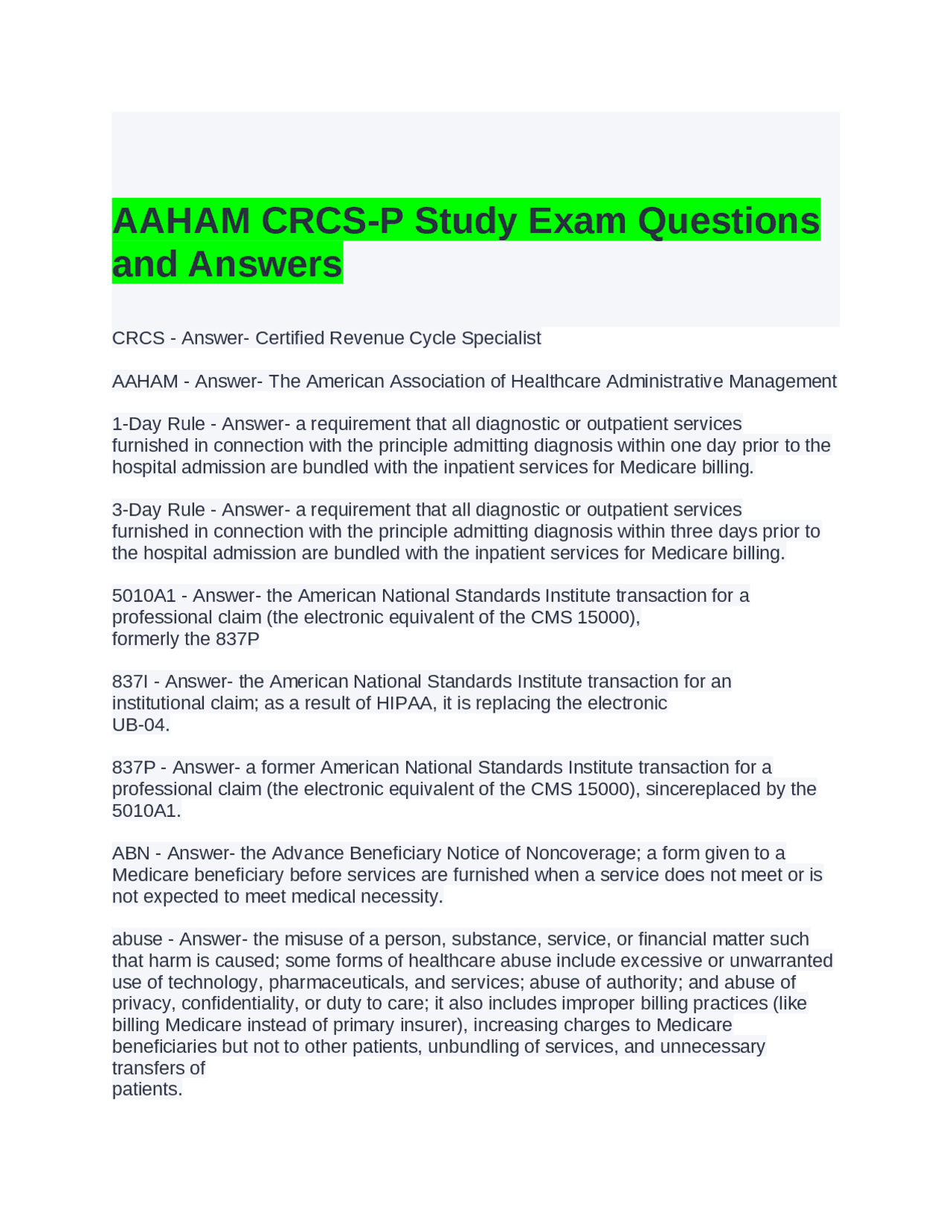 AAHAM CRCS-P Study Exam Questions and Answers | Exams Advanced ...
