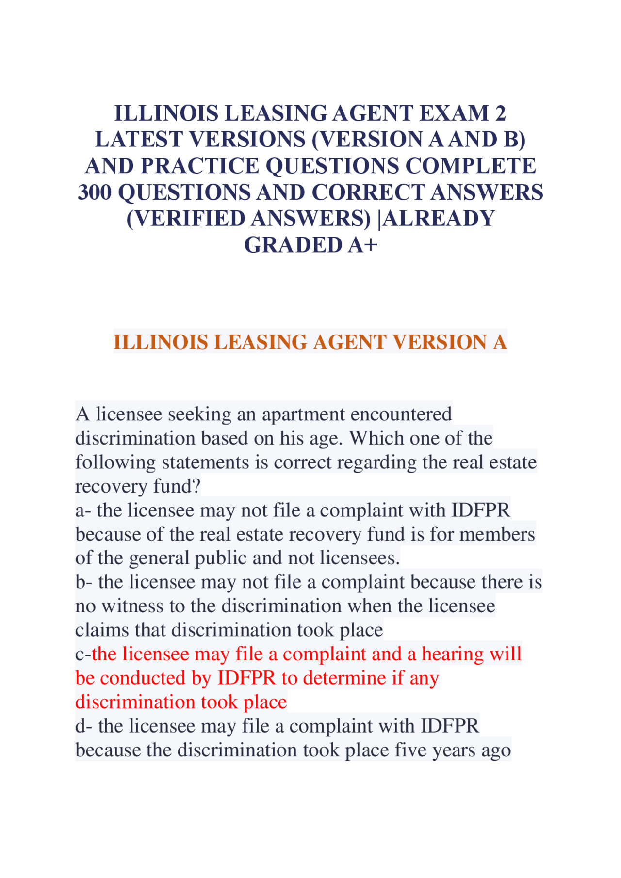 ILLINOIS LEASING AGENT EXAM 2 LATEST VERSIONS (VERSION A AND B) AND ...