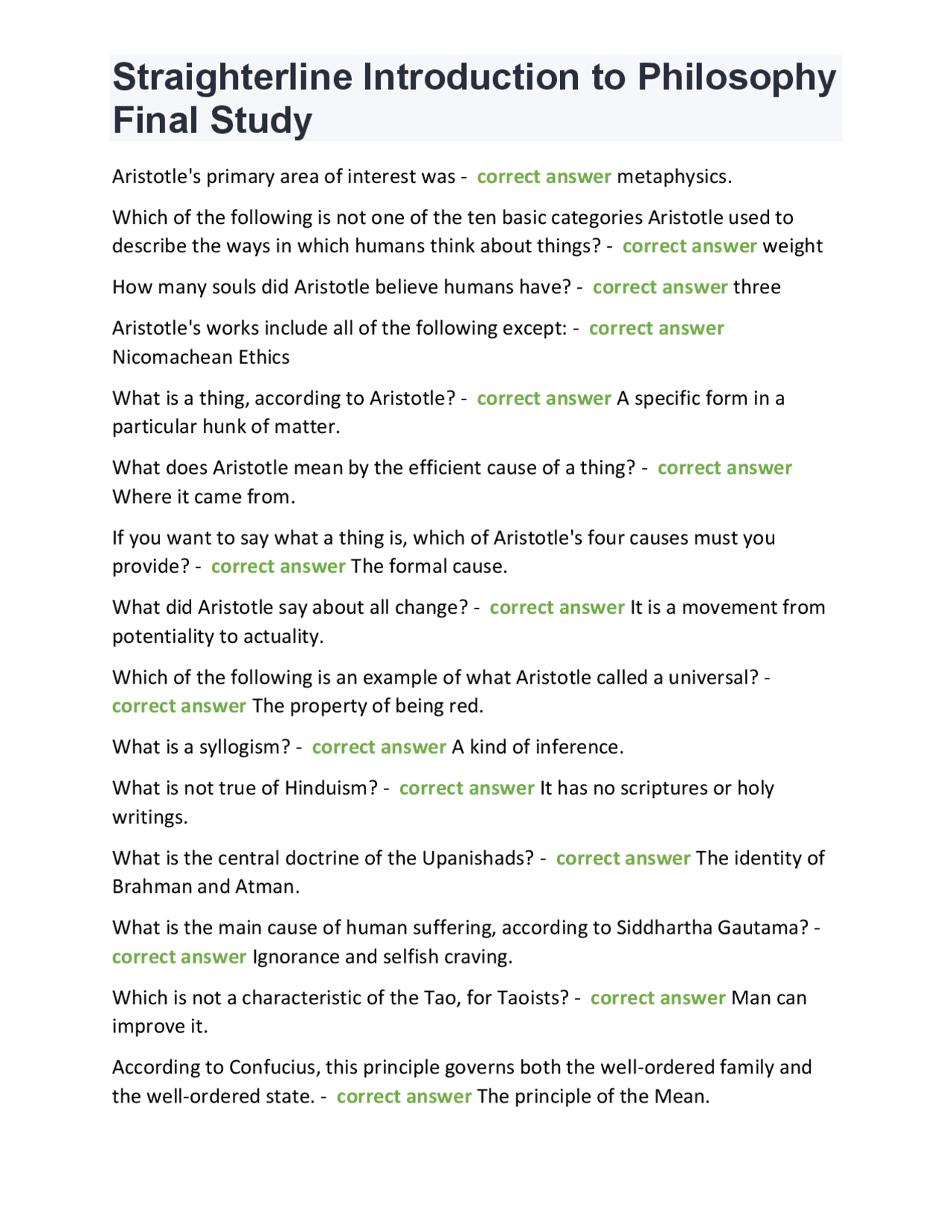 Straighterline Introduction to Philosophy Final Study | Exams Philosophy | Docsity