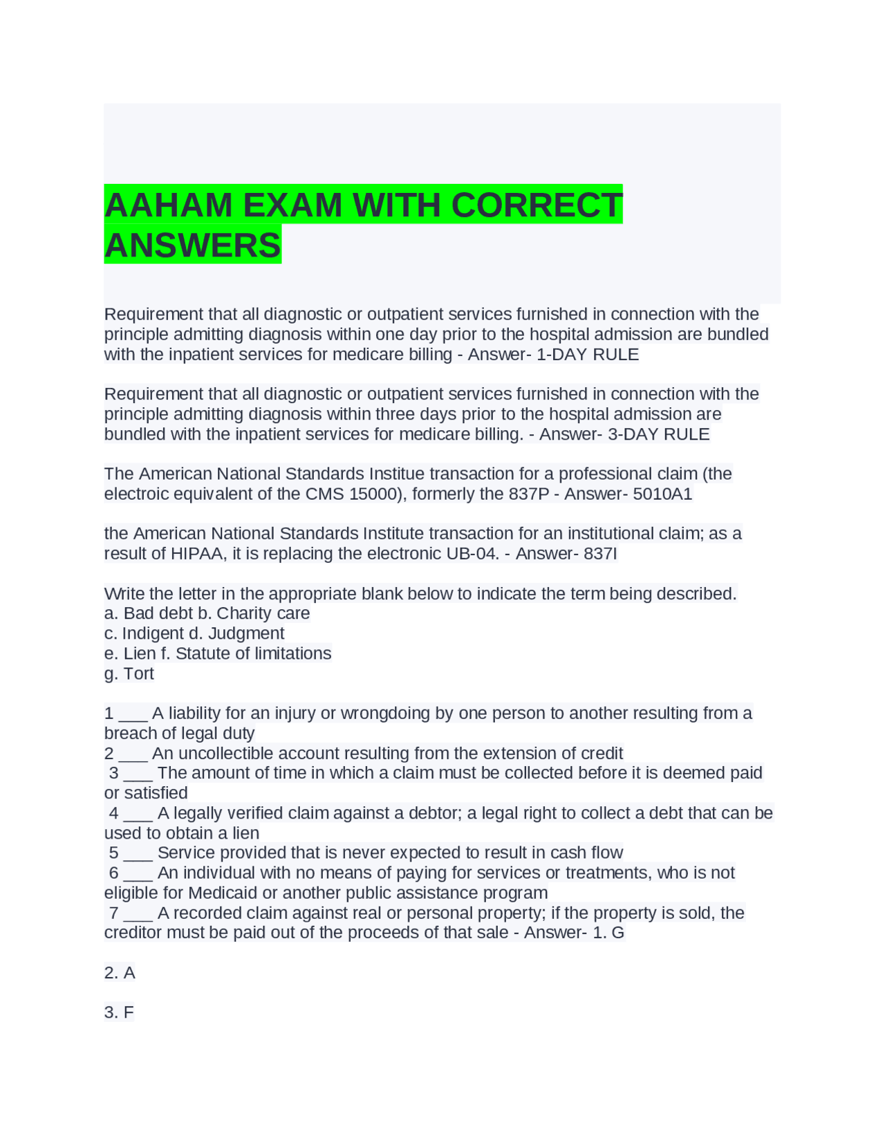 AAHAM EXAM WITH CORRECT ANSWERS | Exams Advanced Education | Docsity