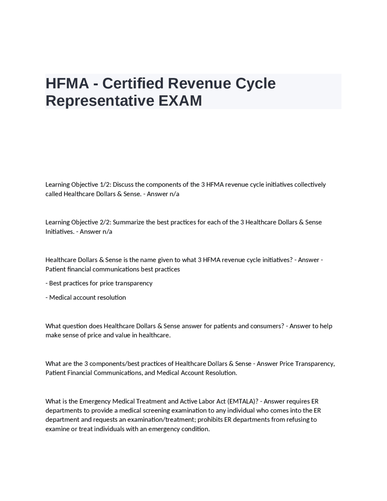 HFMA - Certified Revenue Cycle Representative EXAM Questions and ...