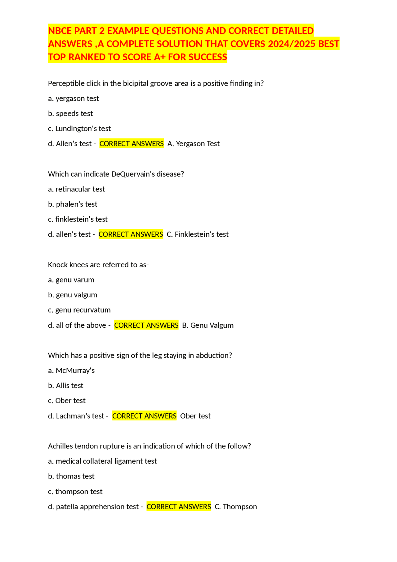 NBCE PART 2 EXAMPLE QUESTIONS AND CORRECT DETAILED ANSWERS ,A COMPLETE ...