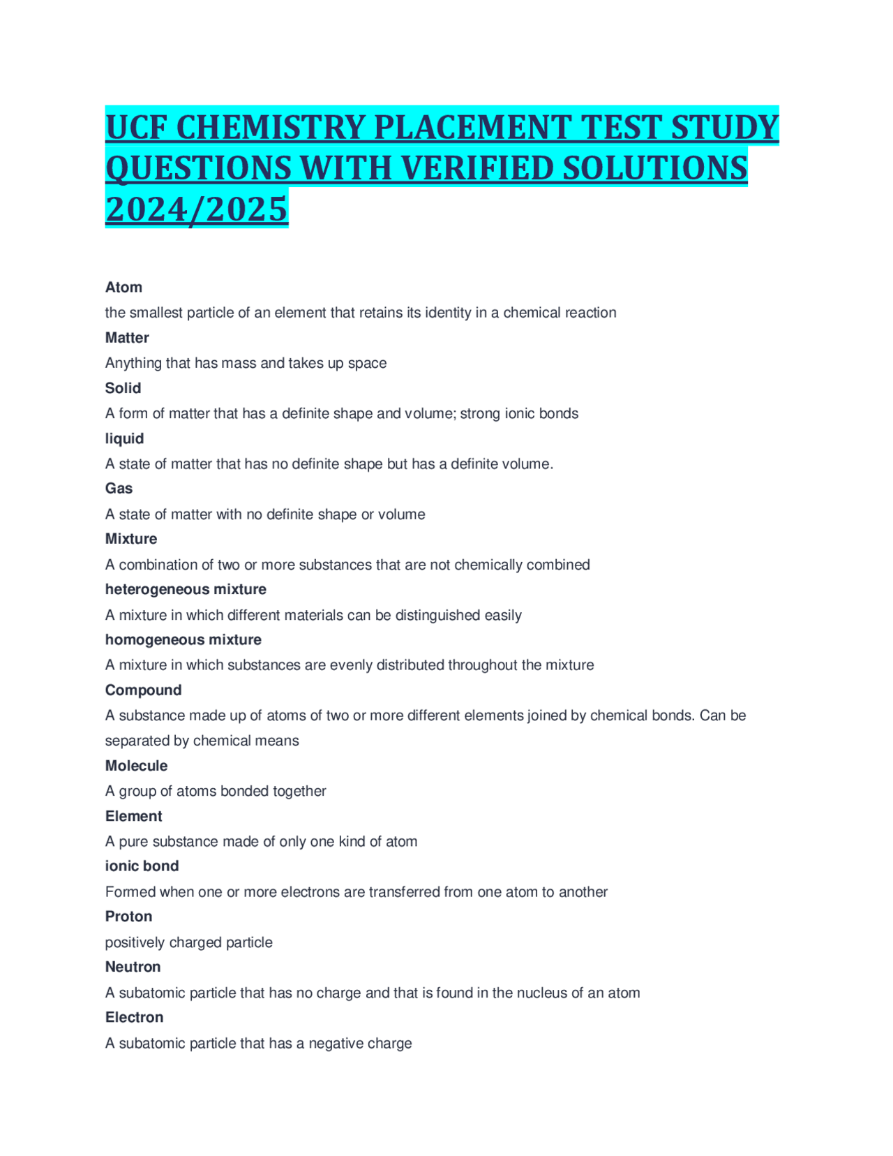 UCF Chemistry Placement Test Study Guide | Exams Chemistry | Docsity