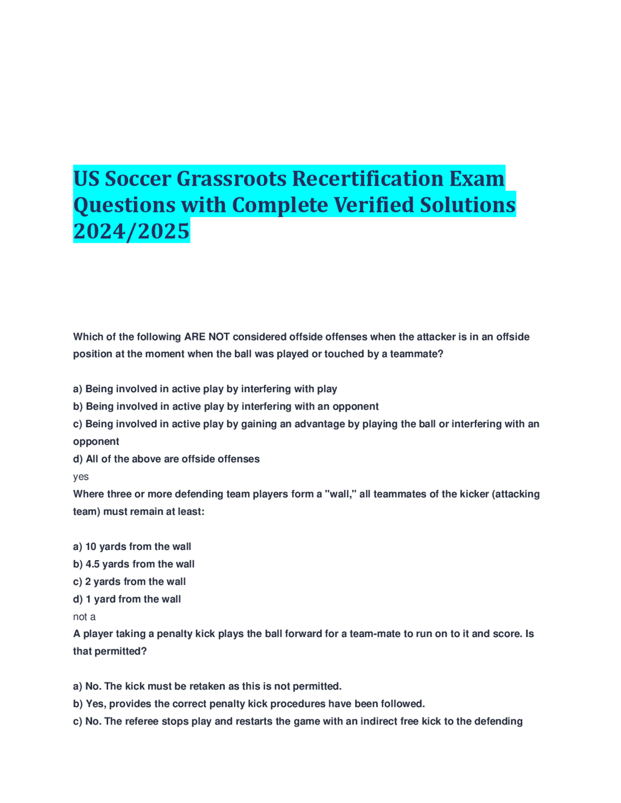 US Soccer Grassroots Recertification Exam Questions with Complete ...