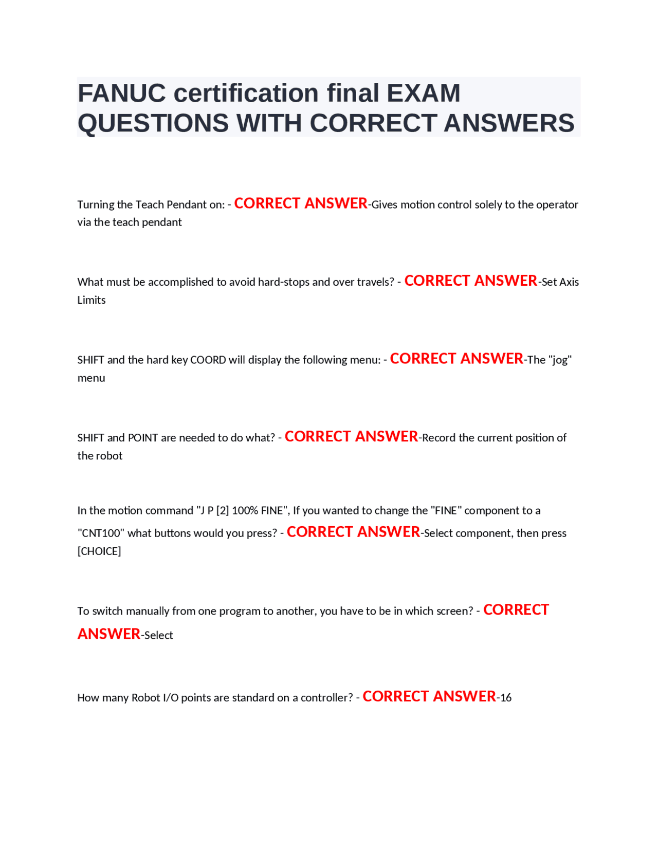 FANUC certification final EXAM QUESTIONS WITH CORRECT ANSWERS | Exams ...