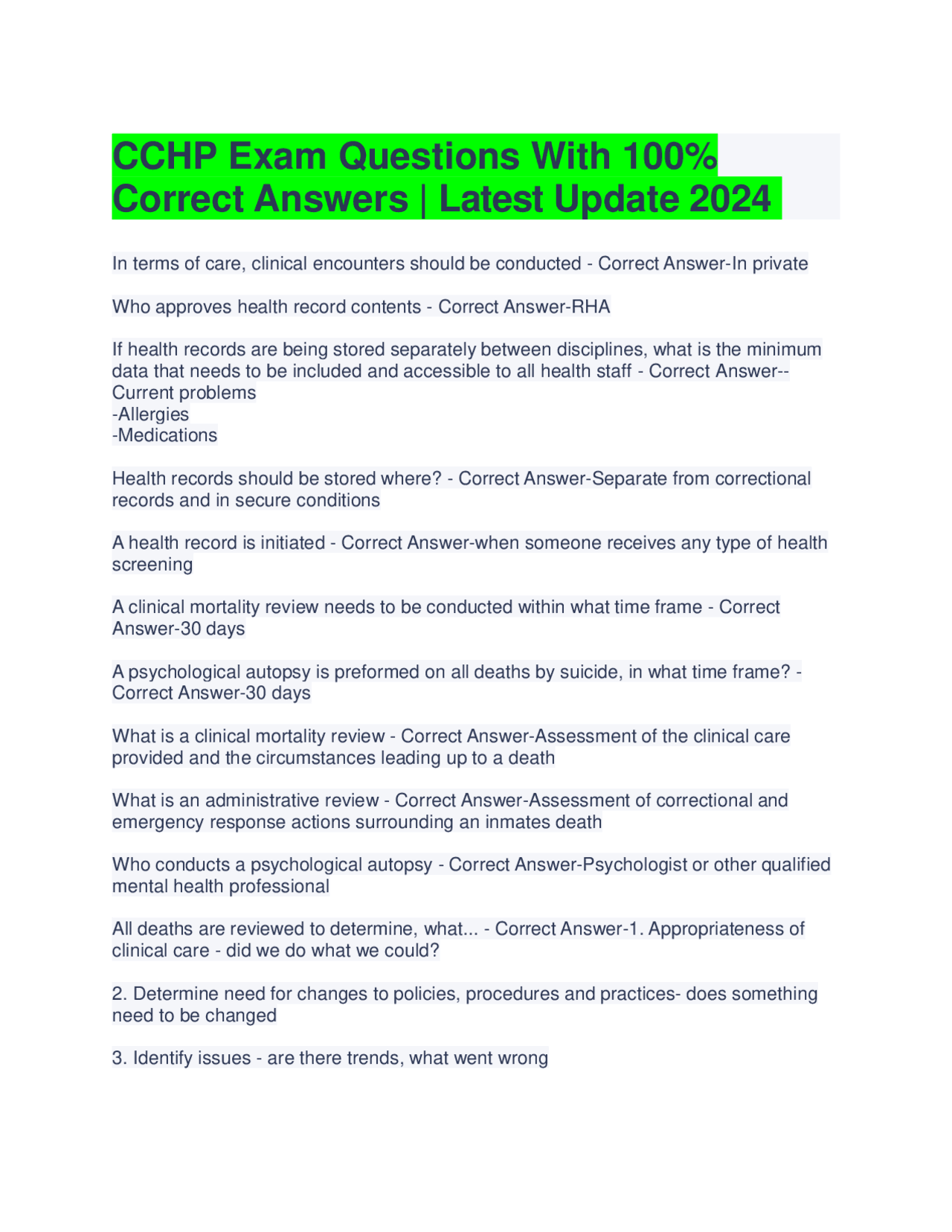 CCHP Exam Questions With 100% Correct Answers | Exams Nursing | Docsity