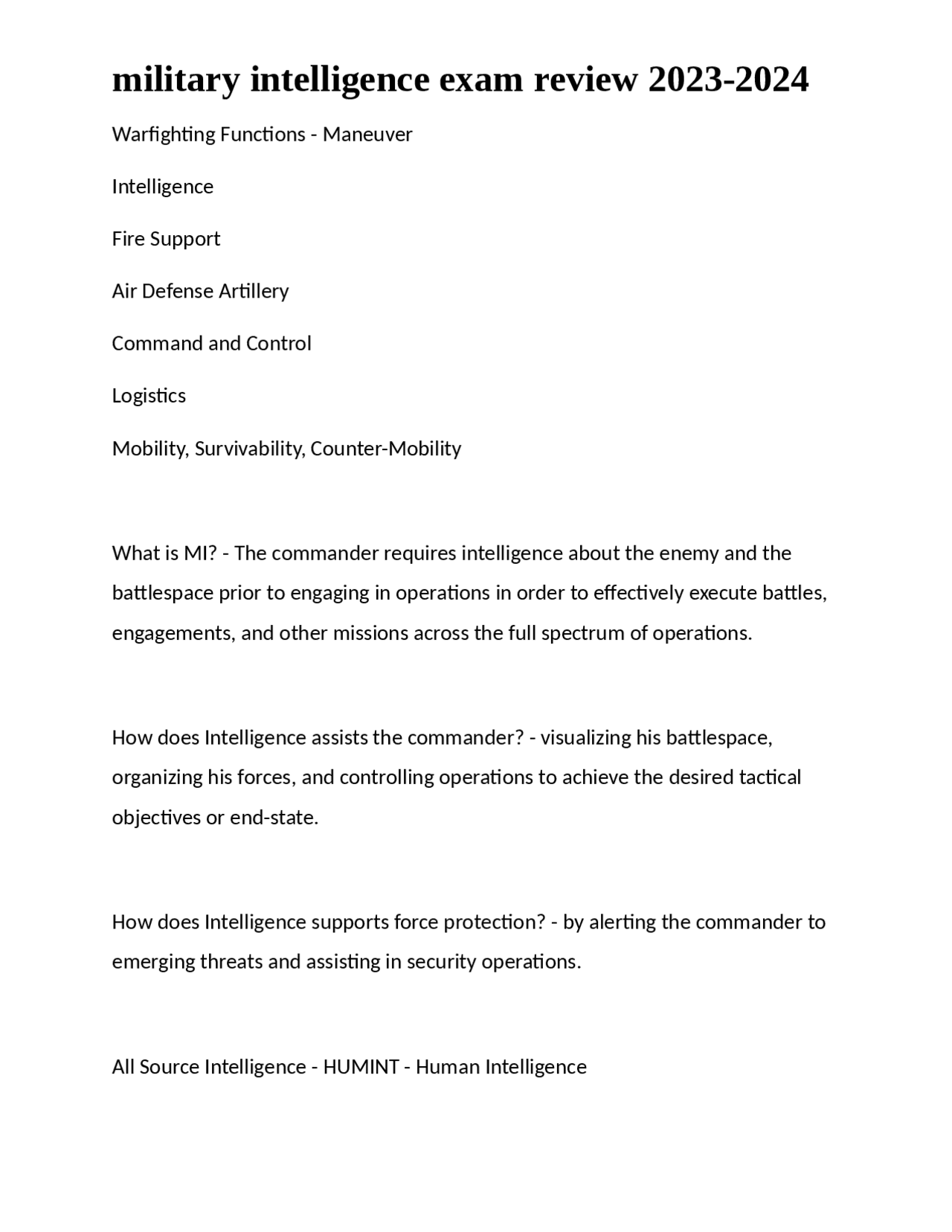 Military Intelligence Exam Review 2023-2024 | Exams Nursing | Docsity