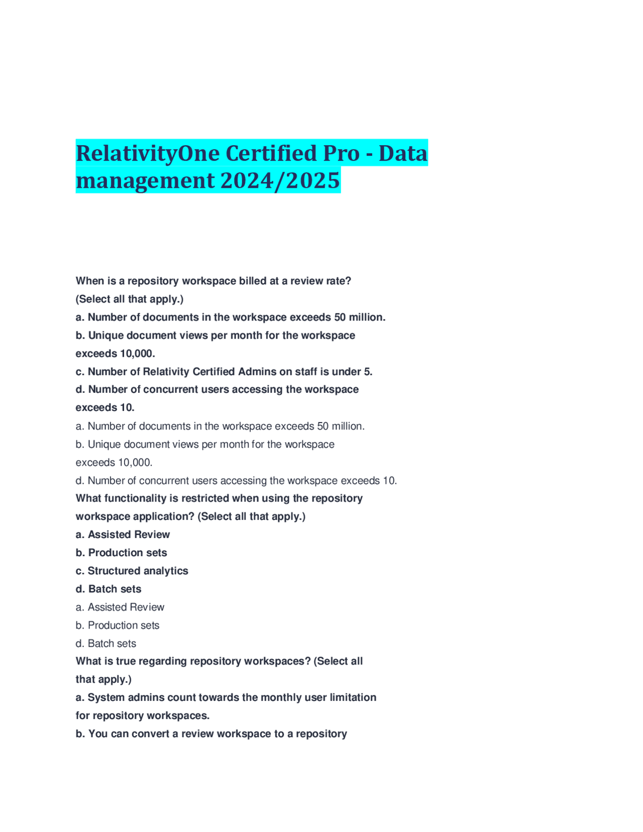 RelativityOne Certified Pro - Data management 2024/2025 | Exams Business Administration | Docsity