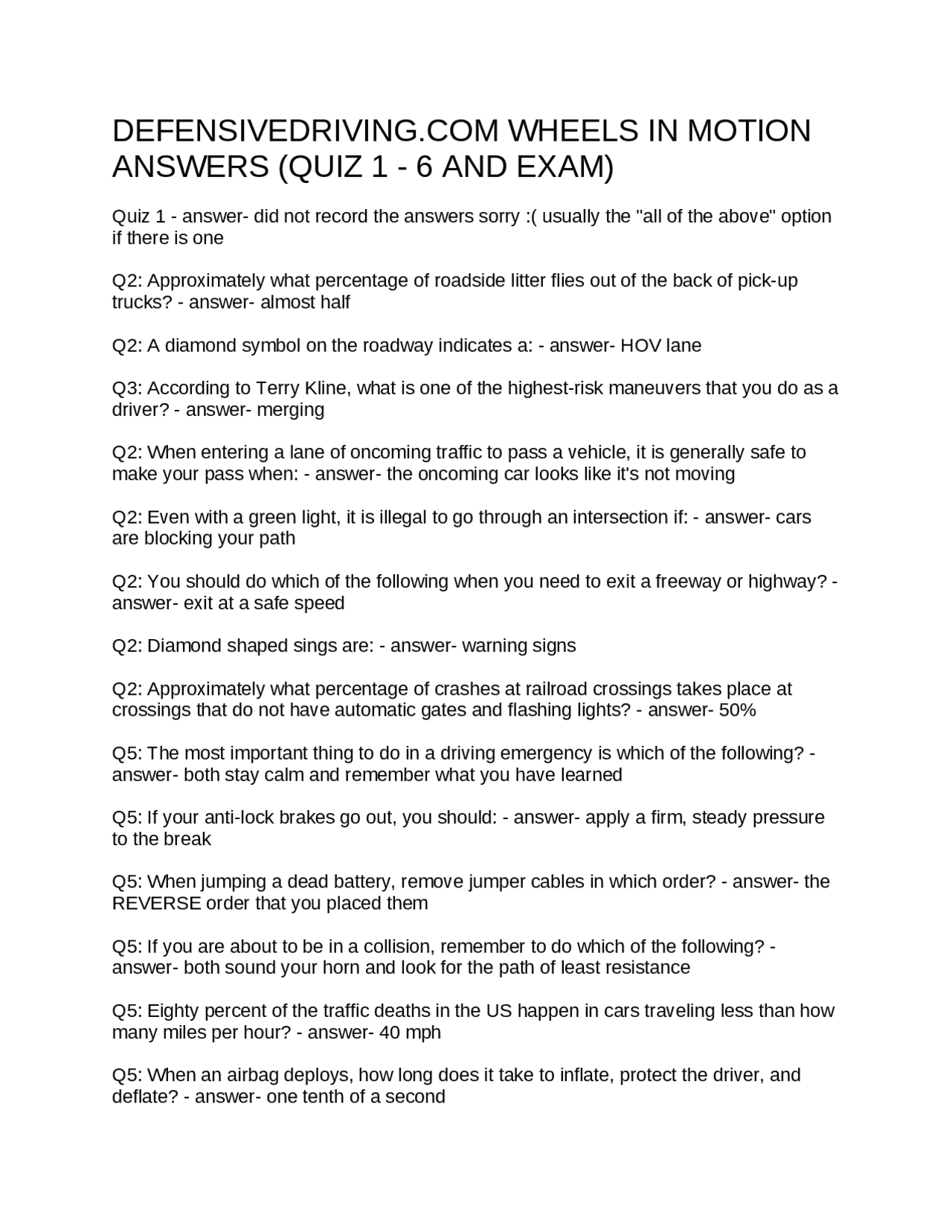 DEFENSIVEDRIVING.COM WHEELS IN MOTION ANSWERS (QUIZ 1 - 6 AND EXAM ...
