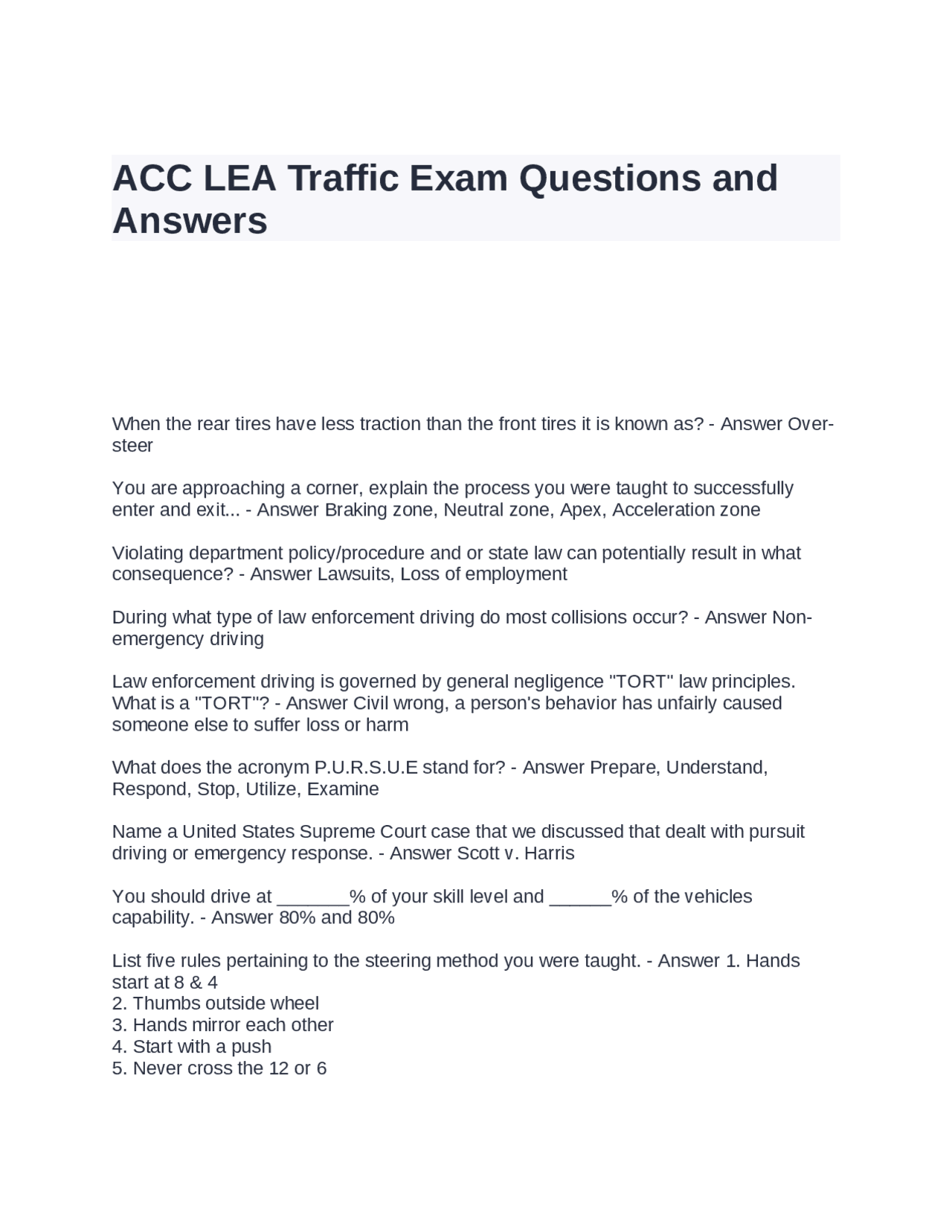 ACC LEA Traffic Exam Questions and Answers | Exams Nursing | Docsity