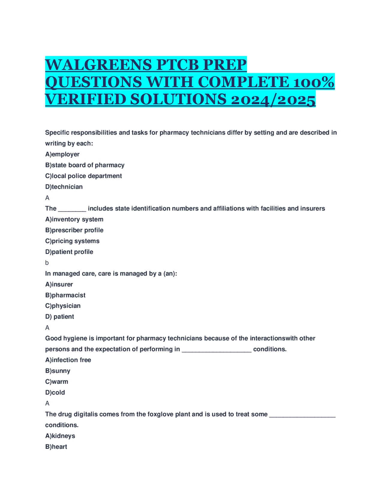 WALGREENS PTCB PREP QUESTIONS WITH COMPLETE 100% VERIFIED SOLUTIONS ...