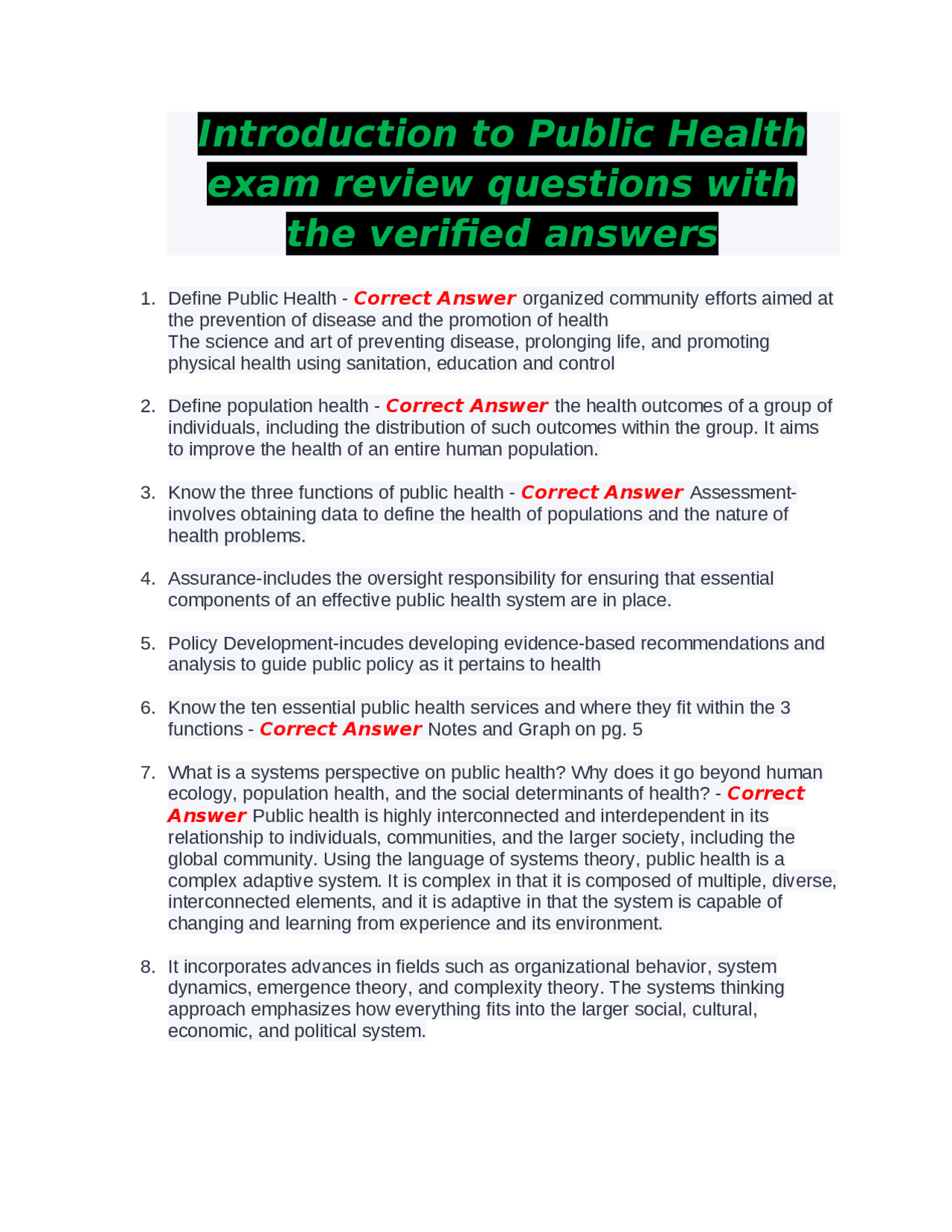 Public Health: Preventing Disease, Promoting Health | Exams Public Health | Docsity