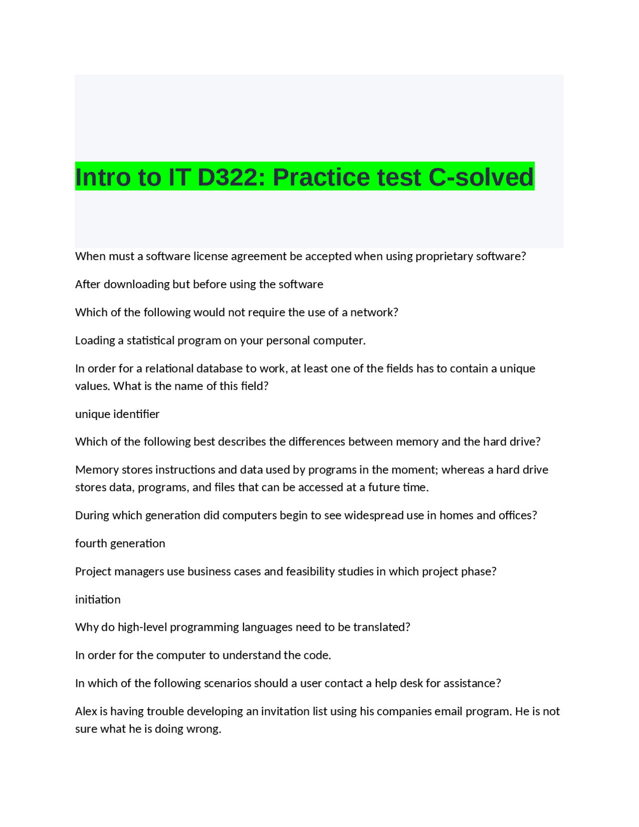 Intro to IT D322: Practice test C-solved | Exams Advanced Education ...