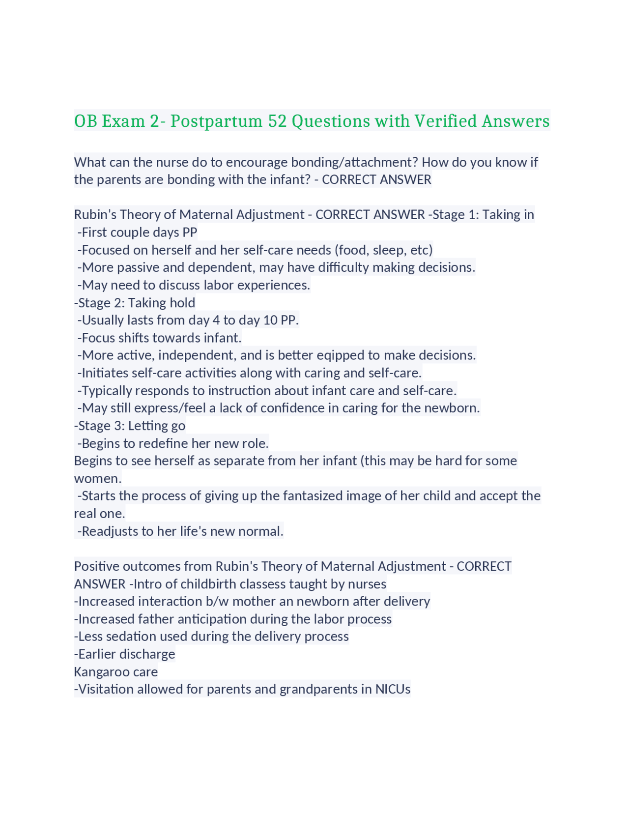 OB Exam 2- Postpartum 52 Questions with Verified Answers,100% CORRECT ...