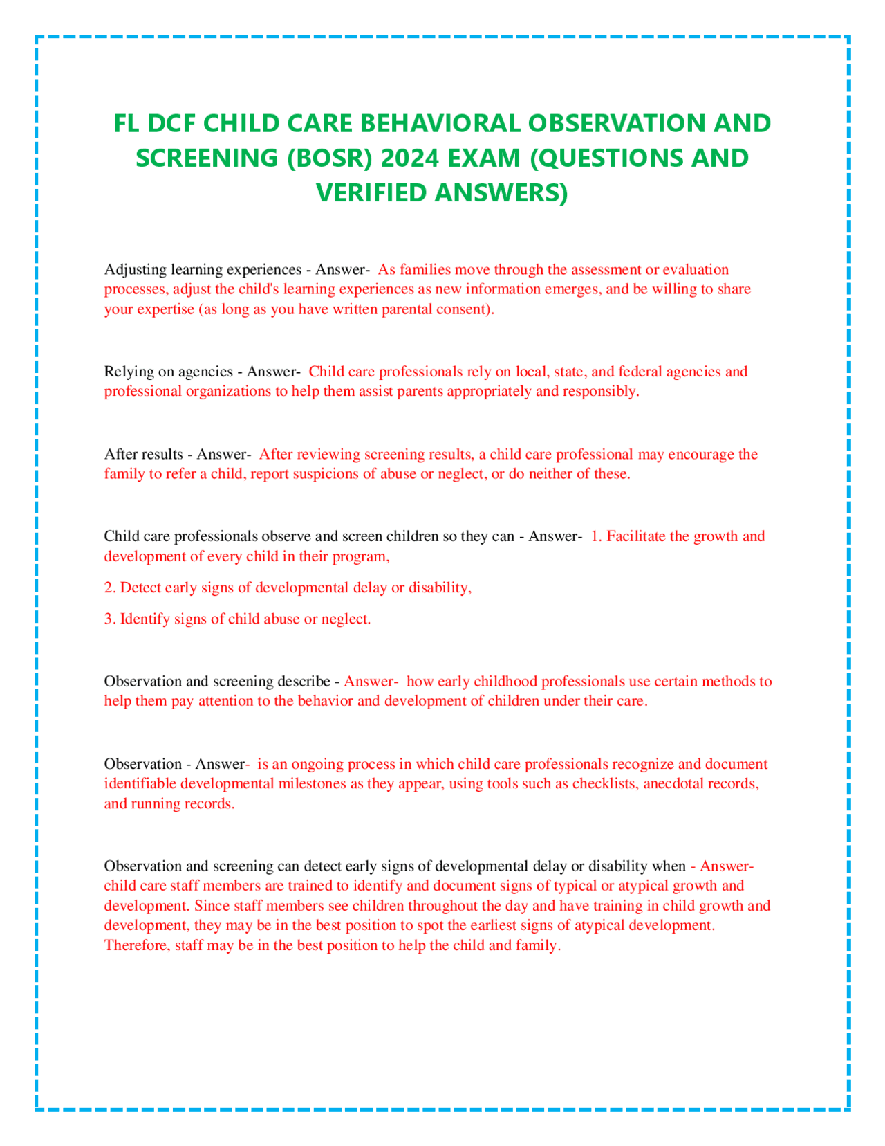 FL DCF CHILD CARE BEHAVIORAL OBSERVATION AND SCREENING (BOSR) 2024 EXAM ...
