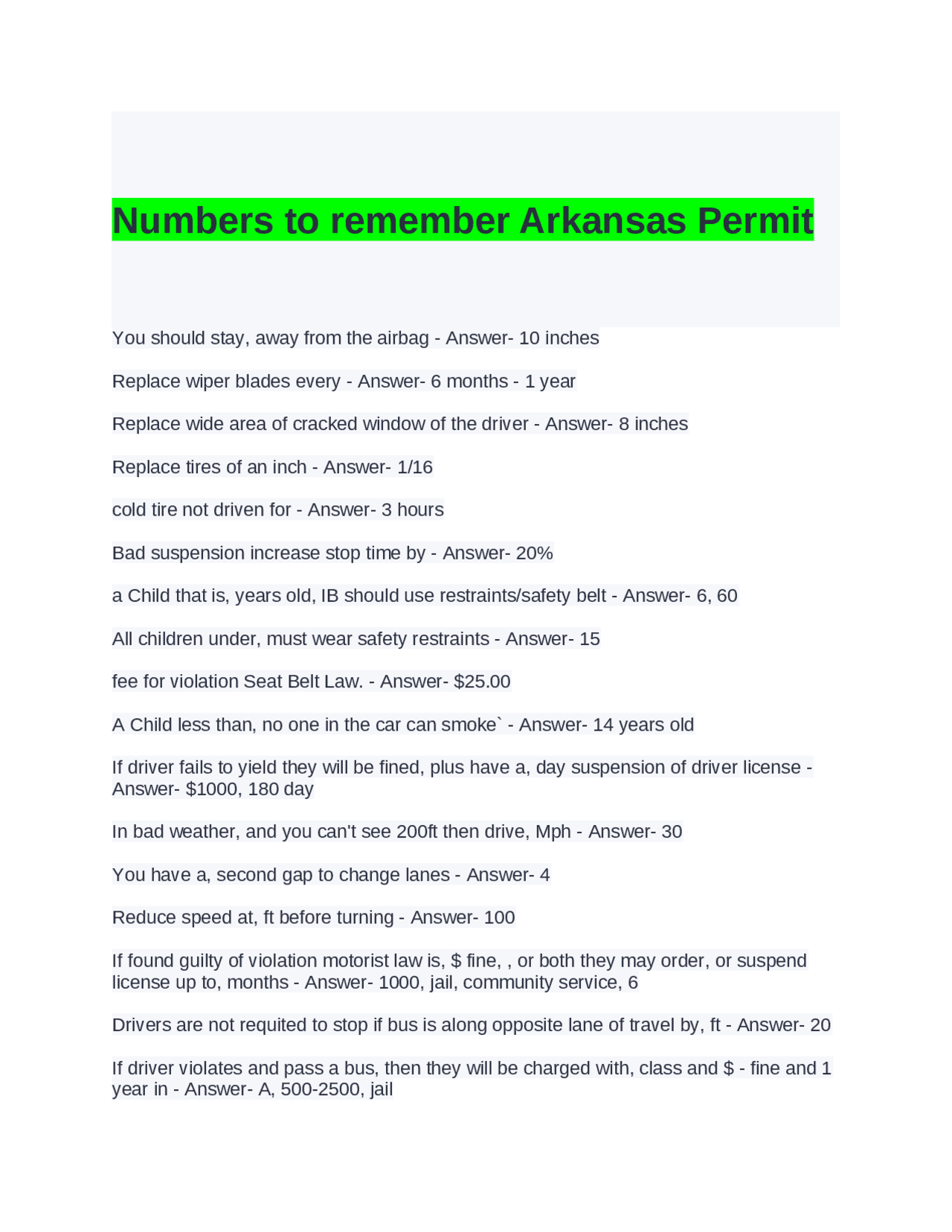 Numbers to remember Arkansas Permit Exam Questions and Answers | Exams ...