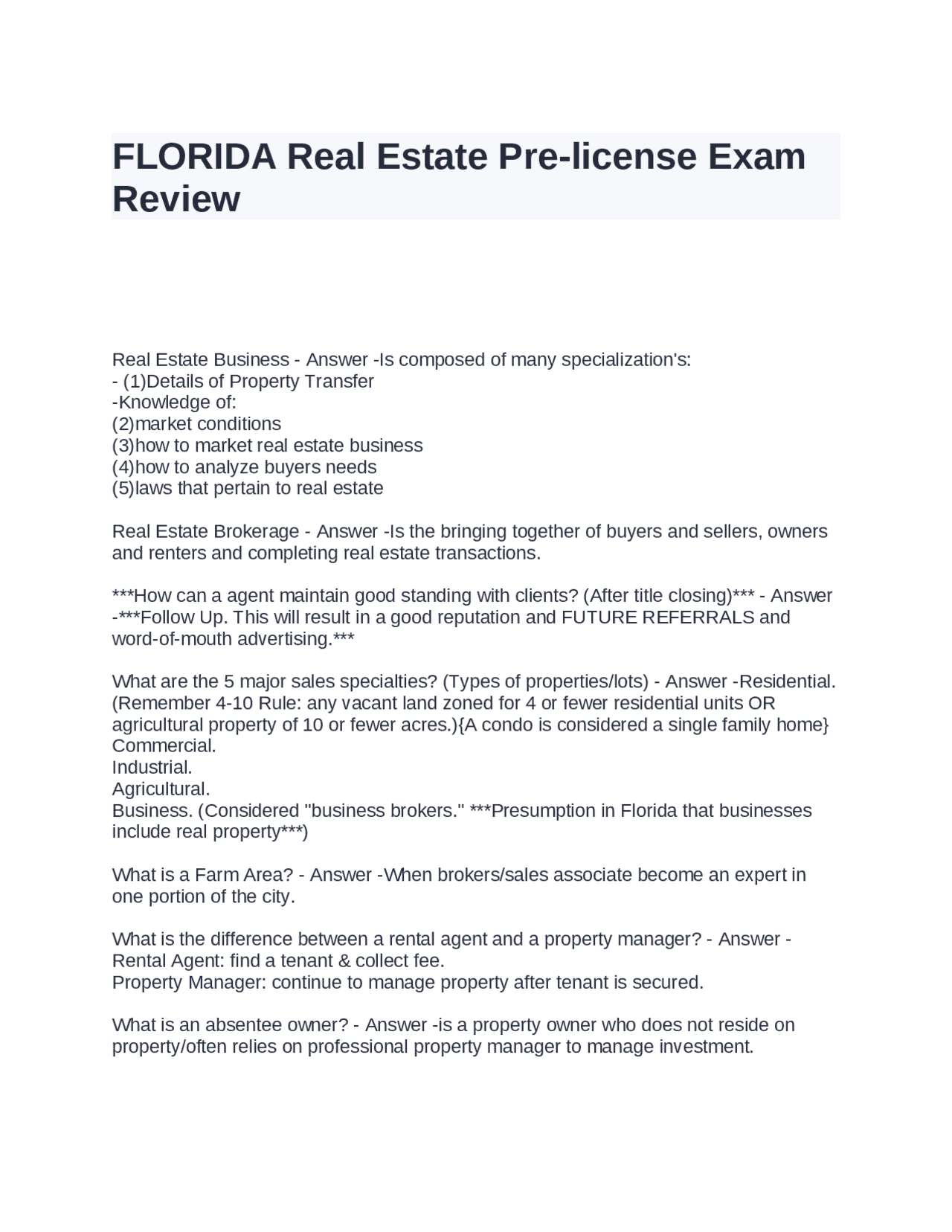 Florida Real Estate Pre-license Exam Review | Exams Nursing | Docsity