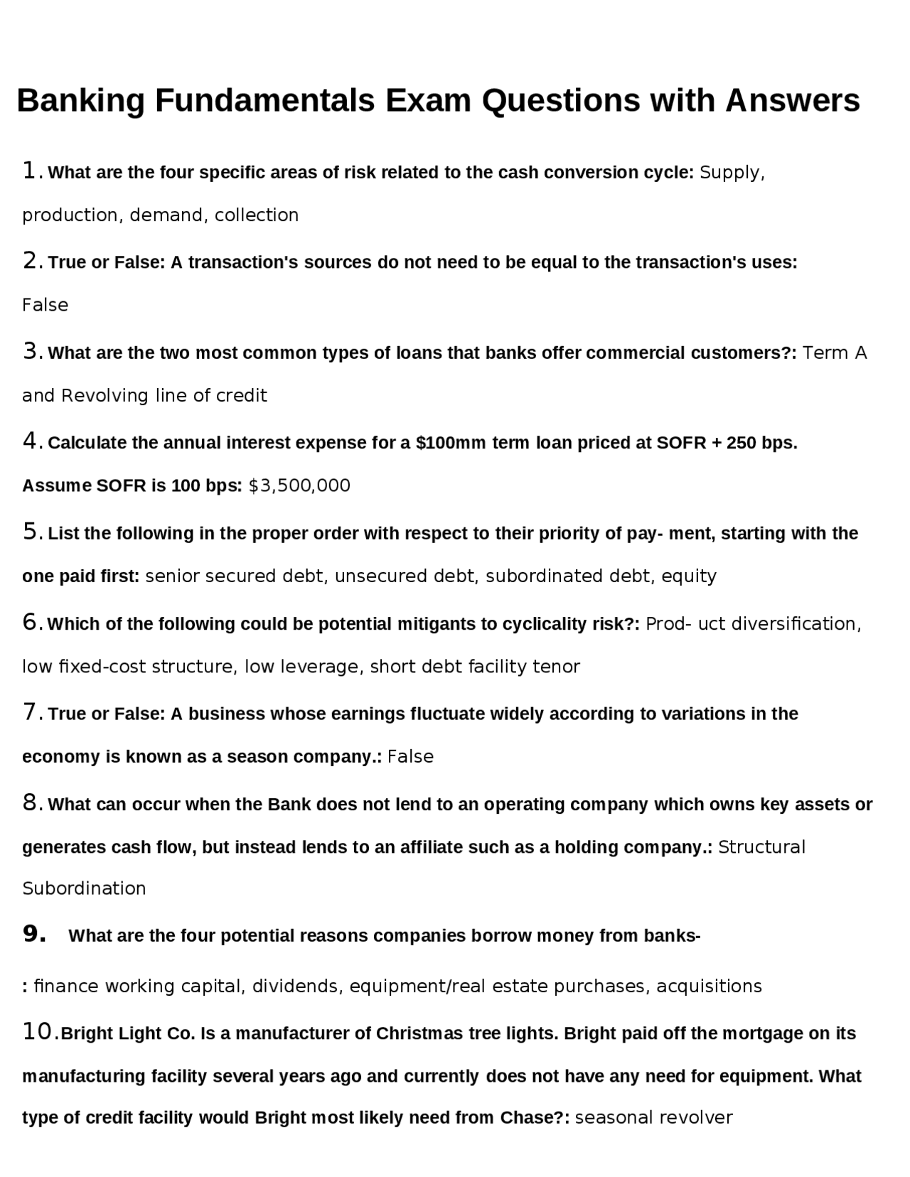 Banking Fundamentals Exam Questions with Answers | Exams Banking and Finance | Docsity