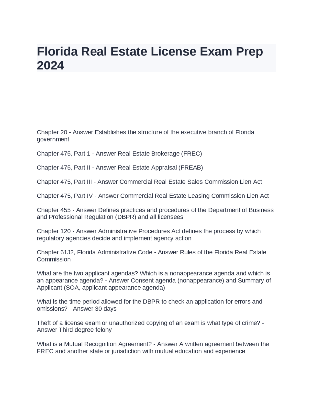 Florida Real Estate License Exam Prep 2024 | Exams Nursing | Docsity