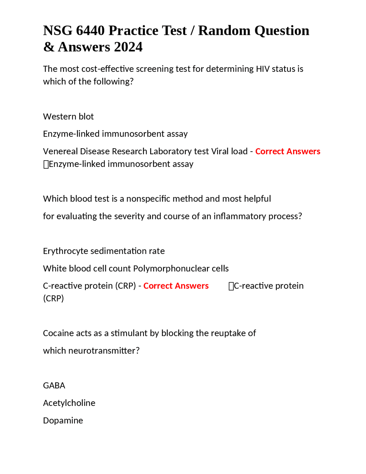 Practice Test / Random Question & Answers 2024 | Exams Nursing | Docsity