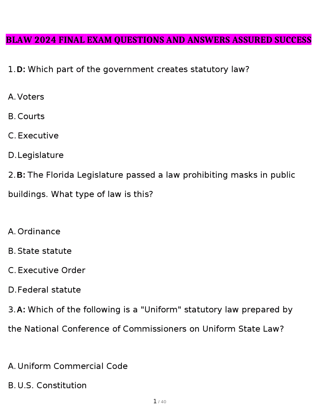 Business Law Final Exam Questions and Answers | Exams Law | Docsity